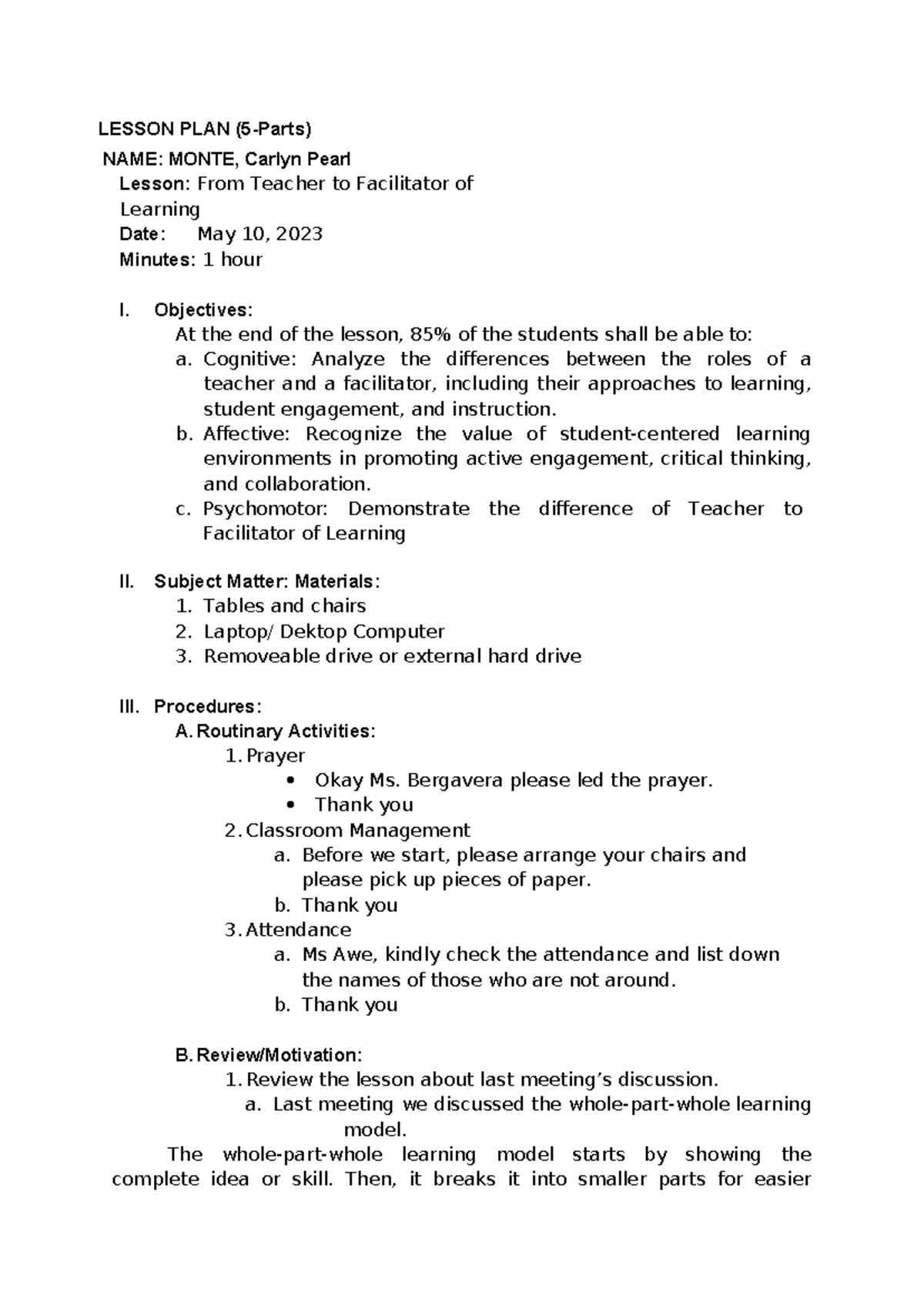 EDUC-228-Lesson-Plan 1 - LESSON PLAN (5-Parts) NAME: MONTE, Carlyn ...