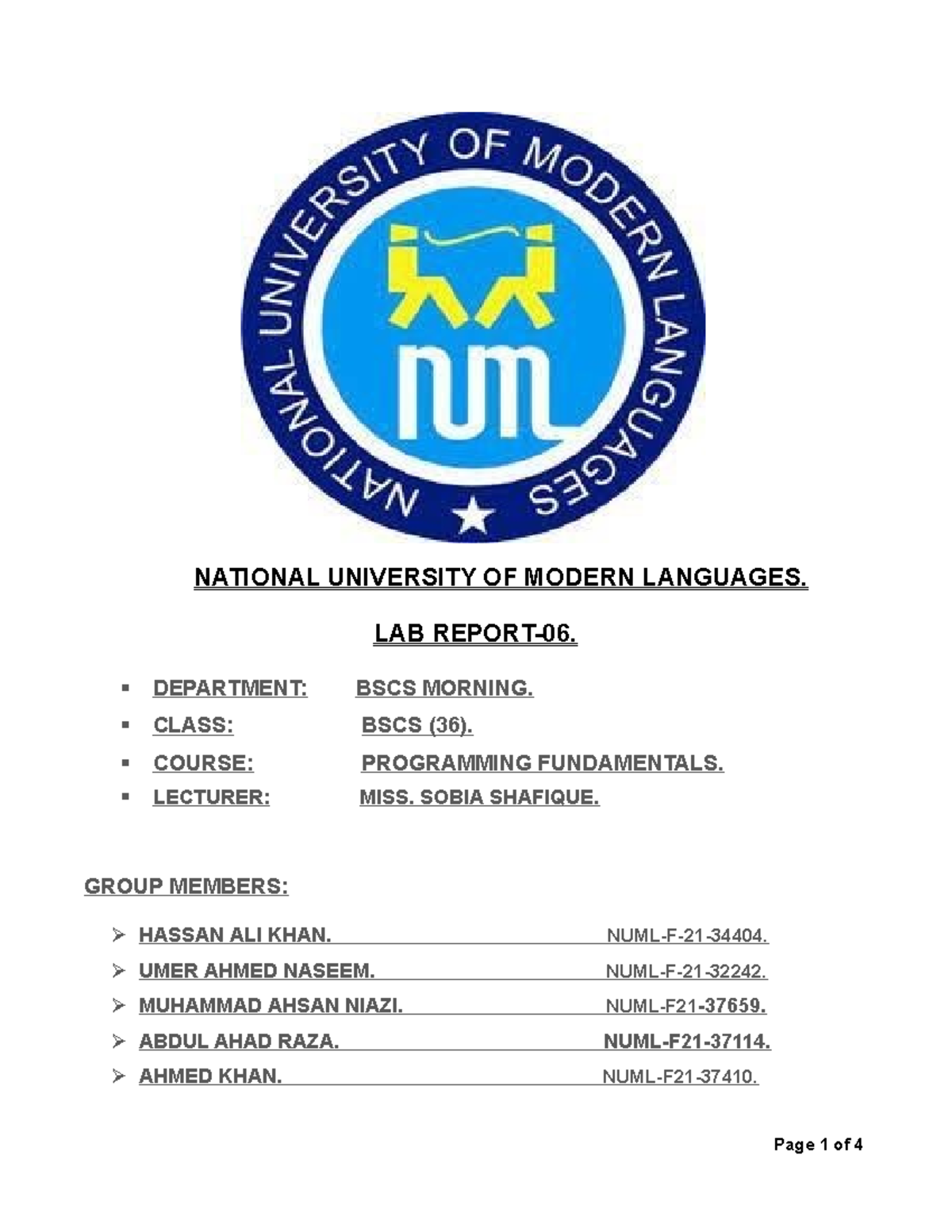 Lab report-05 - NUML UNIVERSTY RAWALPINIDI INTRODUCTION TO C++ ...
