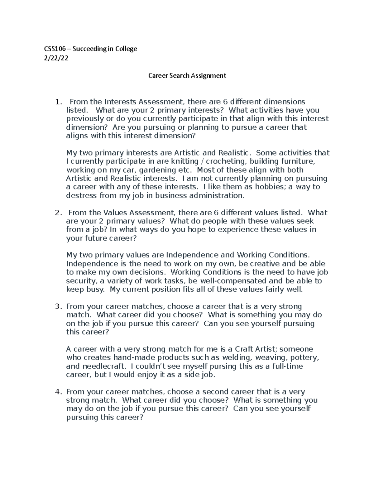 Career Search Assignment - CSS106 – Succeeding in College 2/22/ Career ...