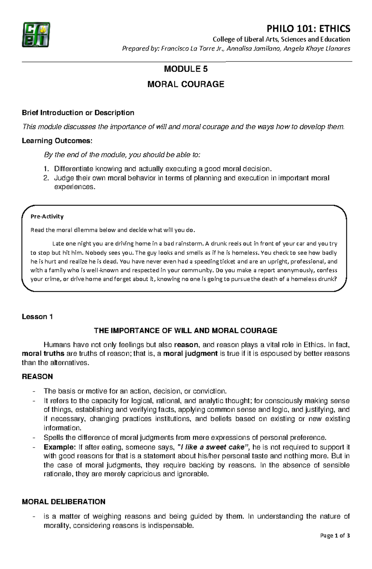 Z5yzef3fk Philo 101. Ethics- Module 5 - Page 1 of 3 PHILO 101: ETHICS College of Liberal Arts ...