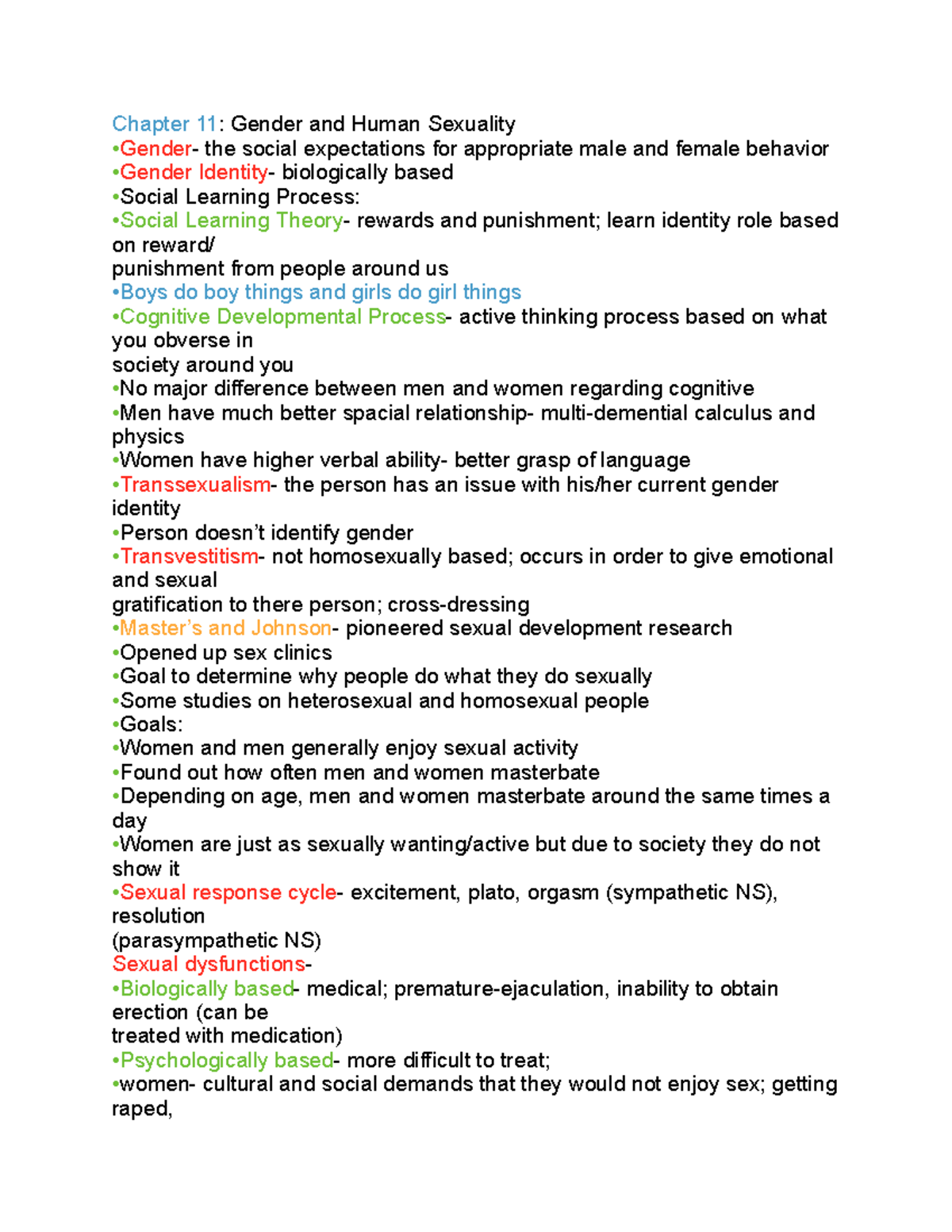 Psych notes - Chapter 11: Gender and Human Sexuality Gender- the social ...