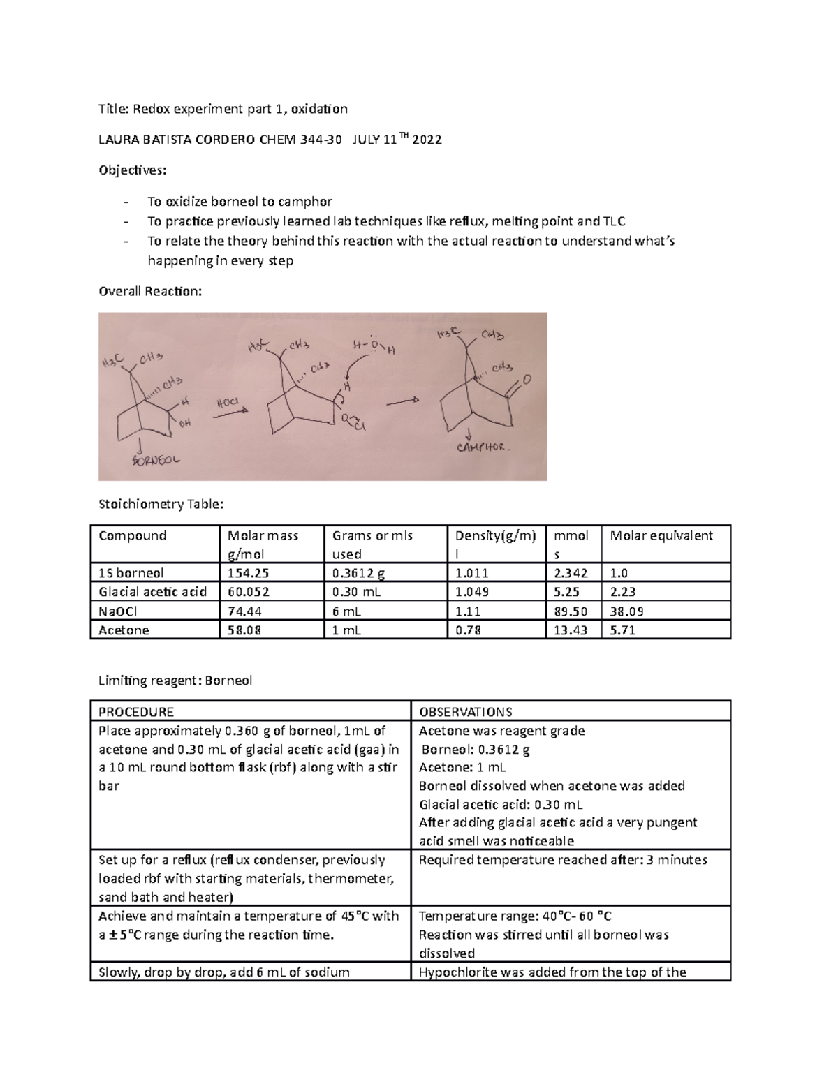 LAB Report 1 - Title: Redox experiment part 1, oxidation LAURA BATISTA ...