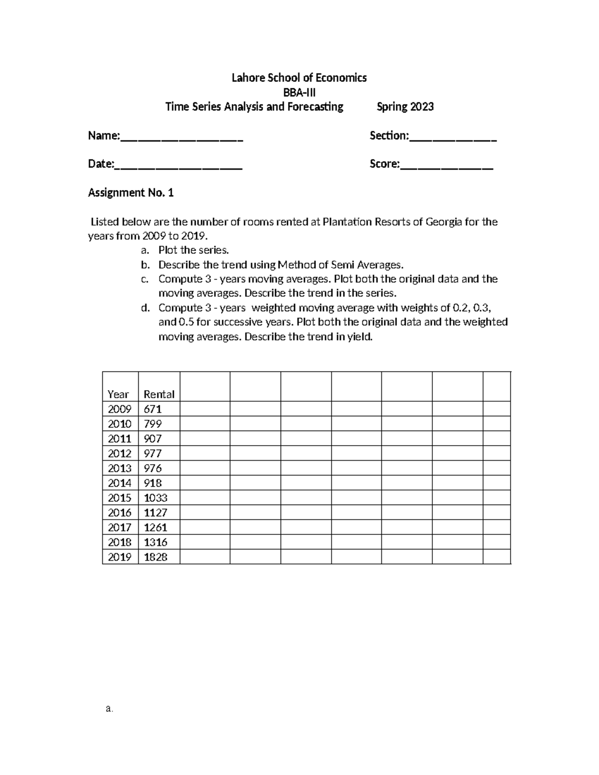 Assignment 1 and 2 - Lahore School of Economics BBA-III Time Series Analysis and Forecasting ...