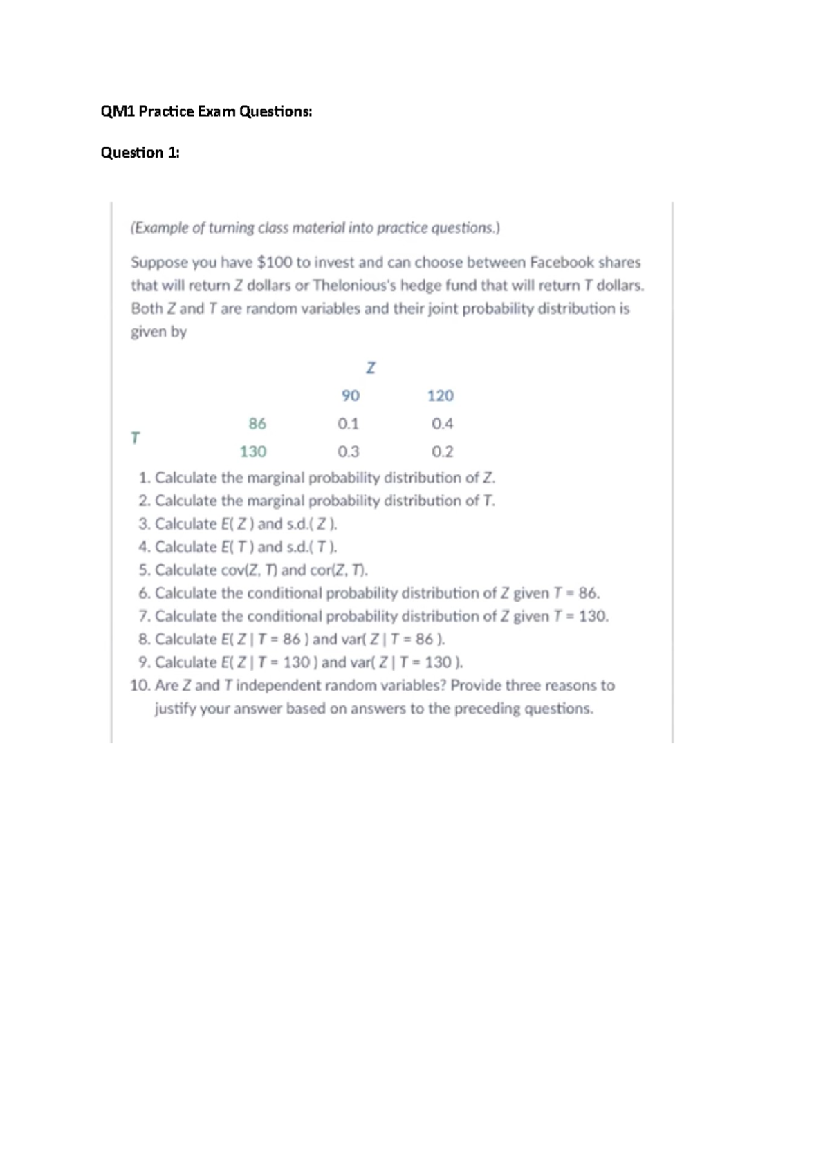 QM1 Practice Exam Questions - ECON10005 - QM1 Practice Exam Questions: Question 1: - Studocu