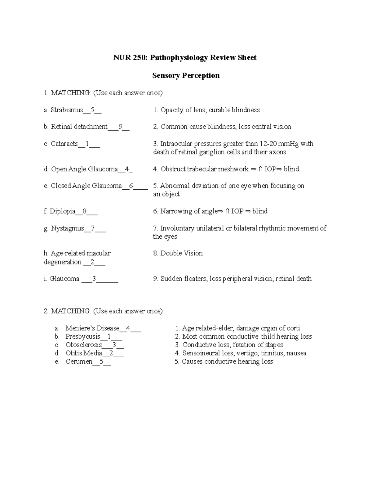Sensory Perception Matching - NUR 250: Pathophysiology Review Sheet ...