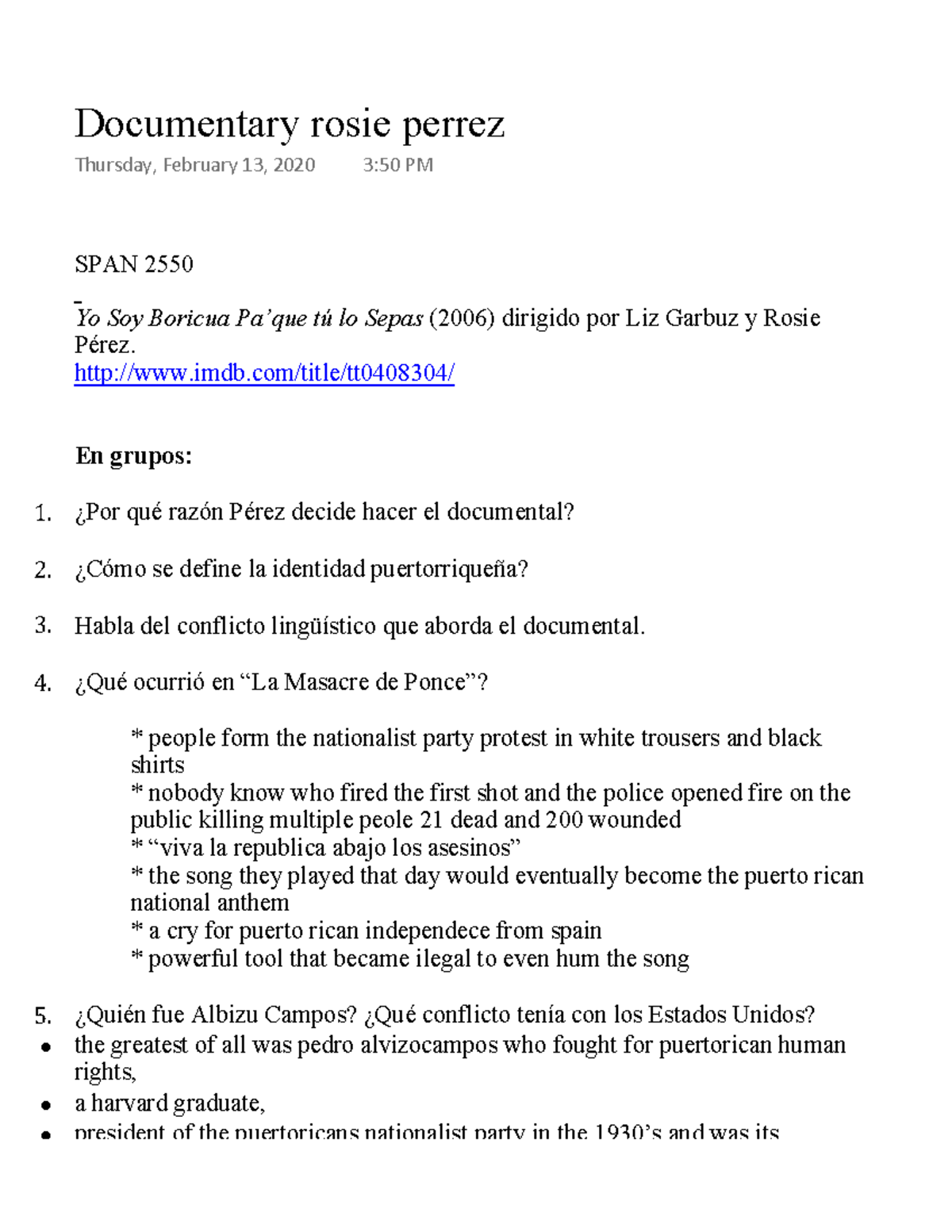 Documentary rosie perrez - SPAN 2550 Yo Soy Boricua Pa9que tú lo Sepas ...