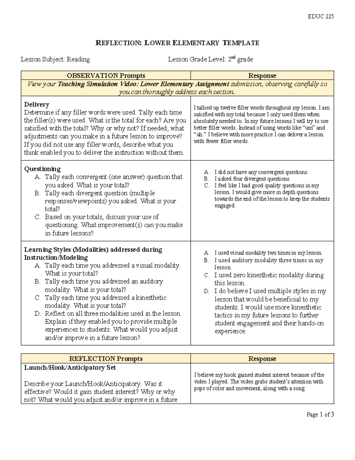 Deleon, Justus Reflection Lower Elementary - EDUC 225 REFLECTION: LOWER ELEMENTARY TEMPLATE ...