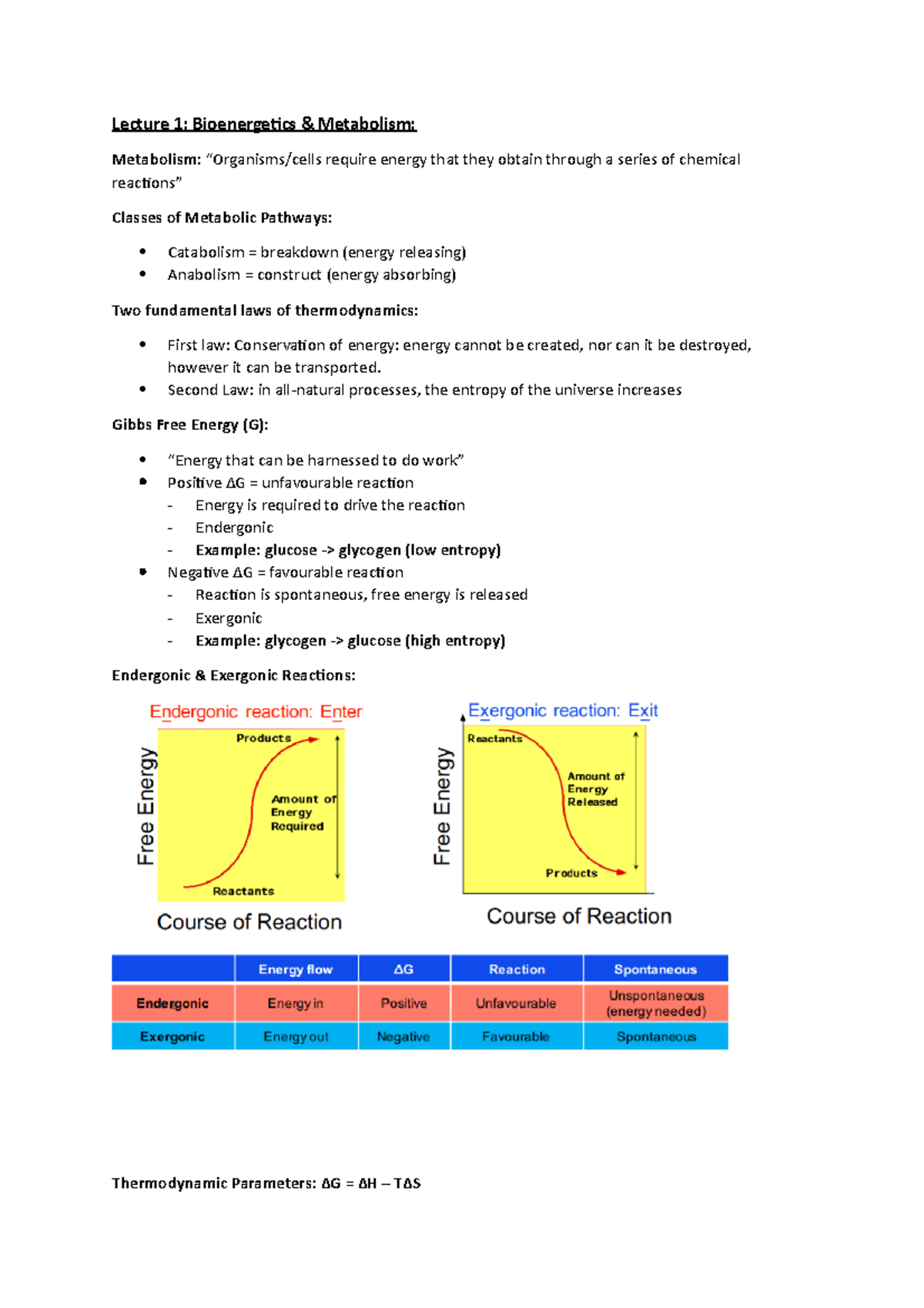 Metabolic Biochemistry Notes - Lecture 1: Bioenergetics & Metabolism ...