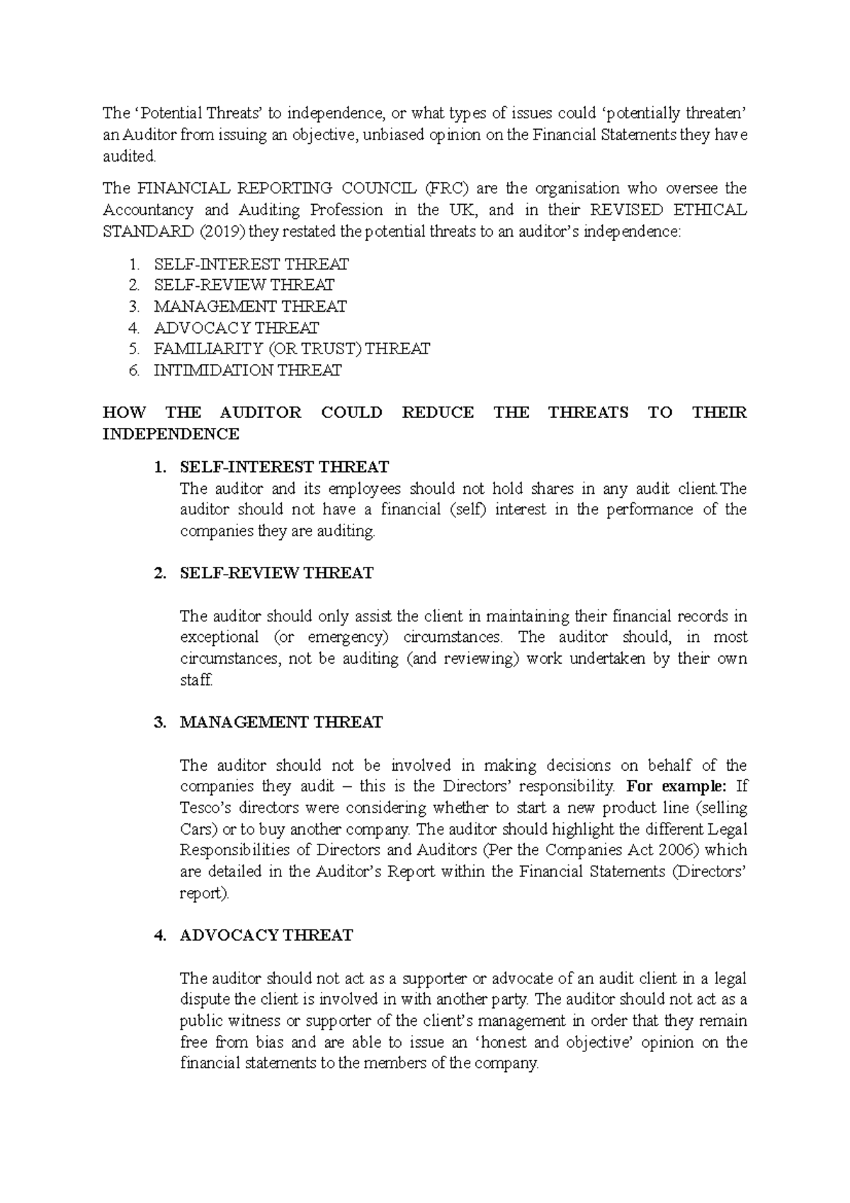 Auditor's independence threats - The ‘Potential Threats’ to ...