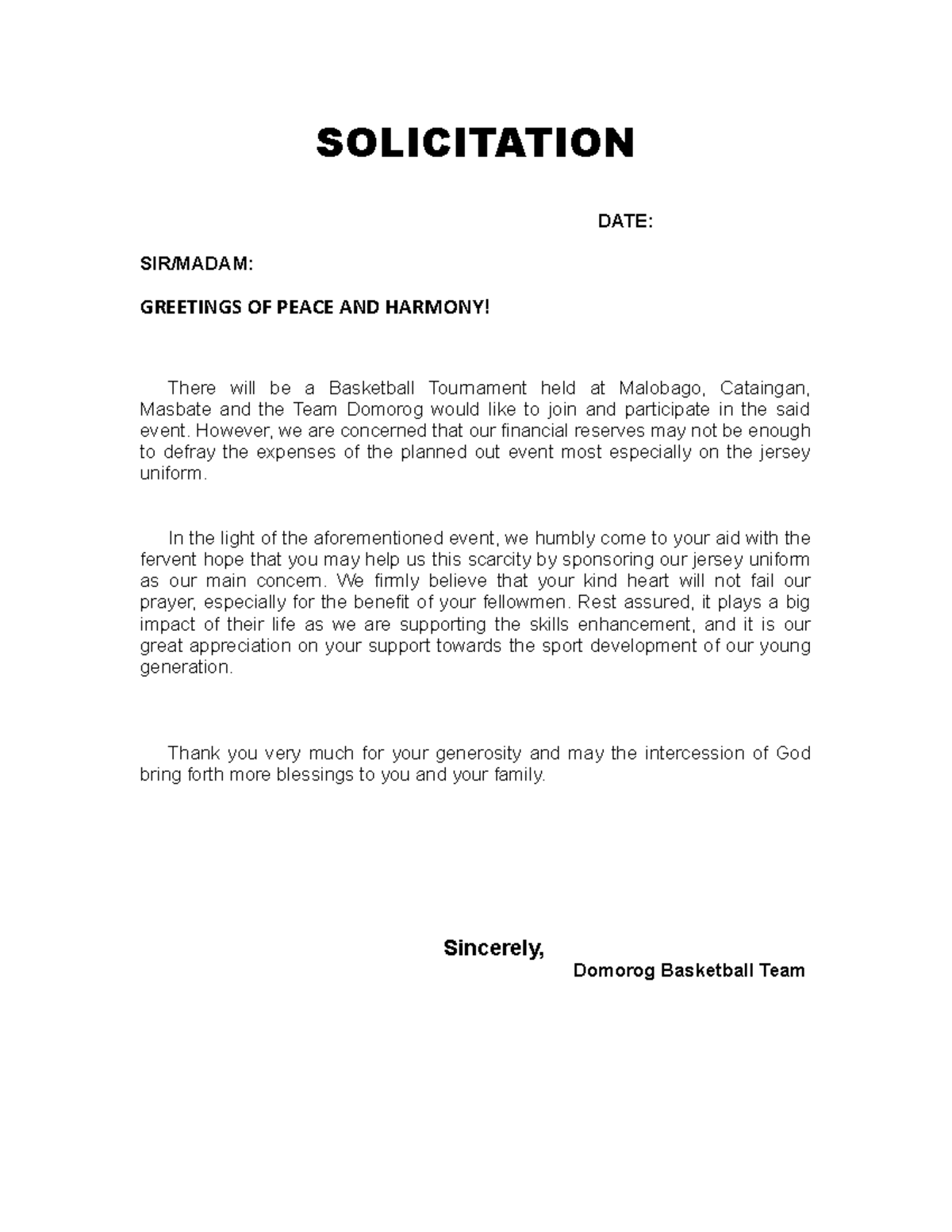 Solicitation - SOLICITATION DATE: SIR/MADAM: GREETINGS OF PEACE AND ...