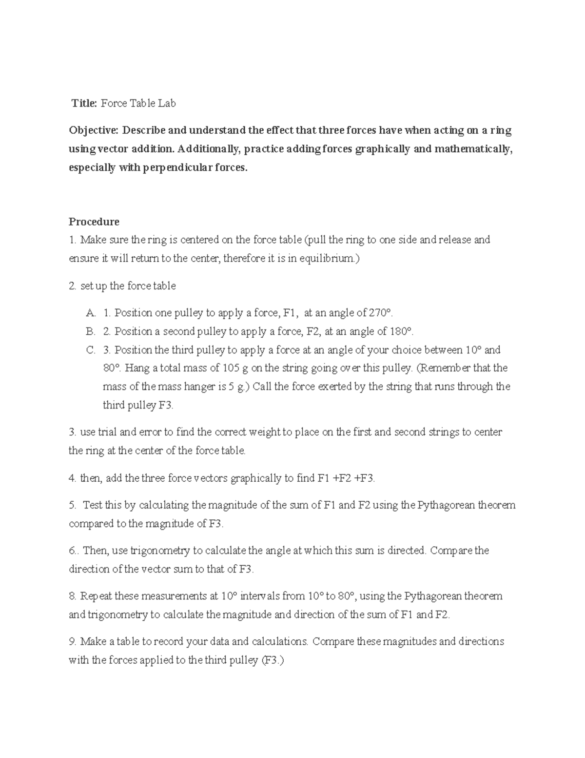 Force Table Lab - ruff - Title: Force Table Lab Objective: Describe and ...