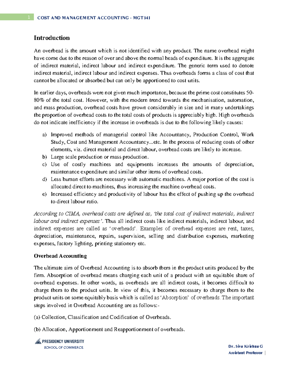 CMA Module 2 Overheads - Nothing actually - SCHOOL OF COMMERCE Dr. Siva ...