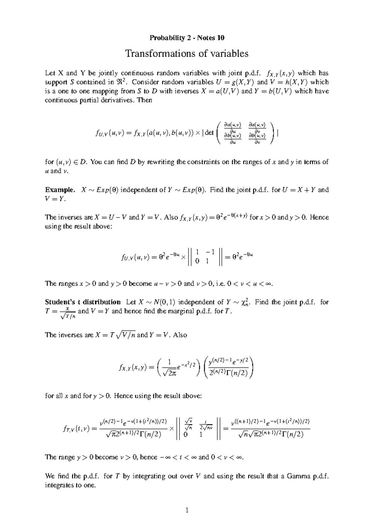 Notes 10-09 - Transformations of variables - Probability 2 - Notes 10 ...