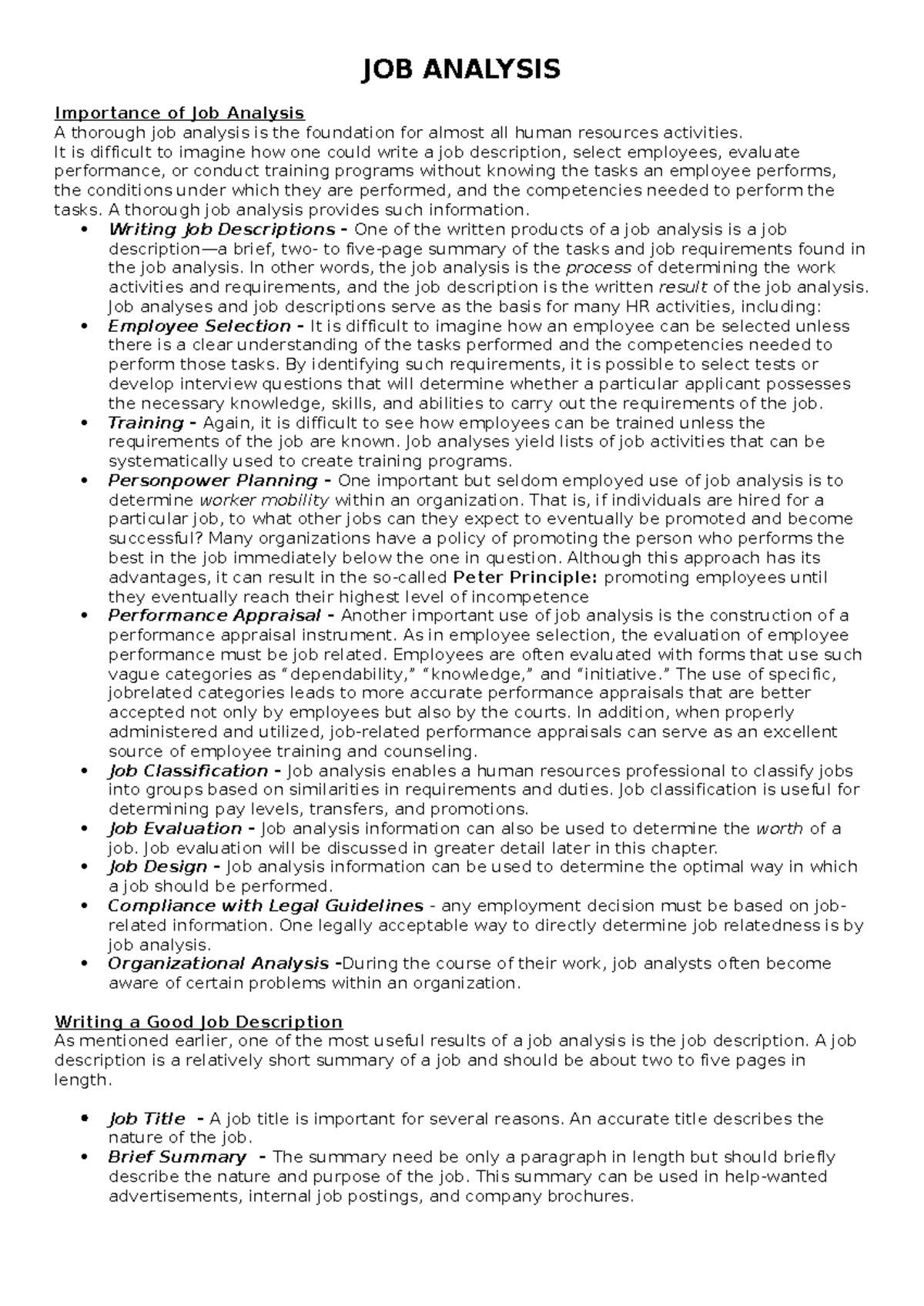 HO1 Job Analysis and Job Evaluation - JOB ANALYSIS Importance of Job ...