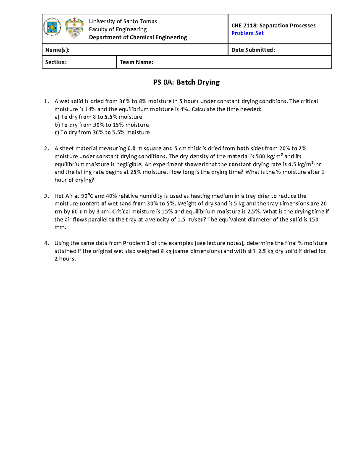 PS0A - Batch Drying Separation Process - University of Santo Tomas ...