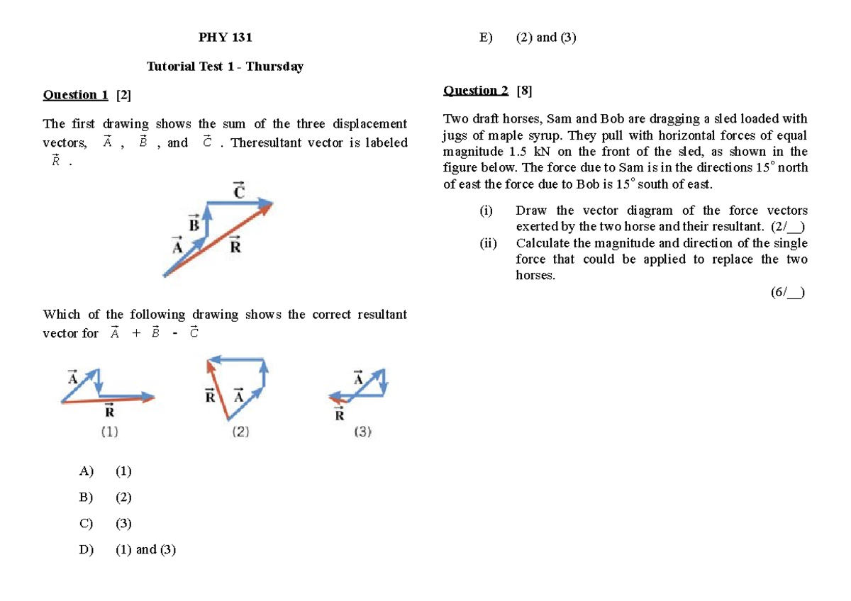 Phy 131 Tutorial Test 1 21 Feb 2019 Session 1 And 2 Phy 131 Tutorial