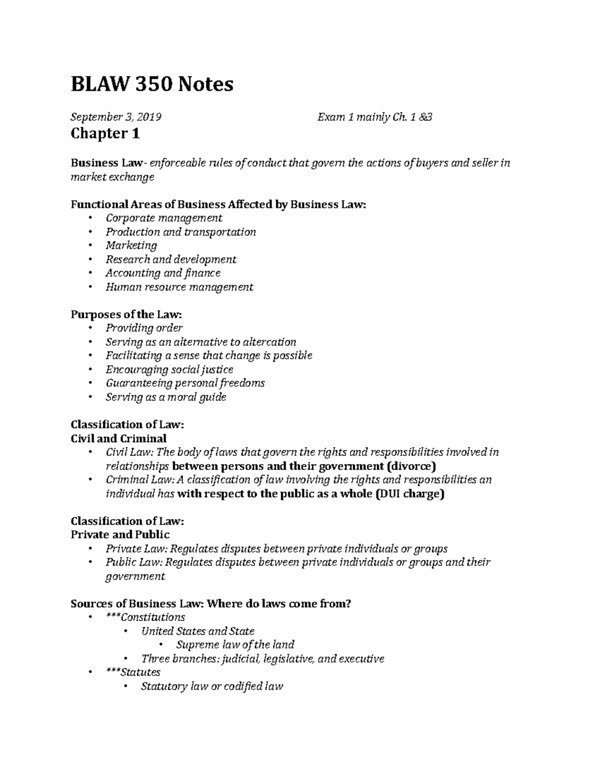 BLAW 350 Notes - Chapters 1-3 - BLAW 350 Notes September 3, 2019 Exam 1 ...