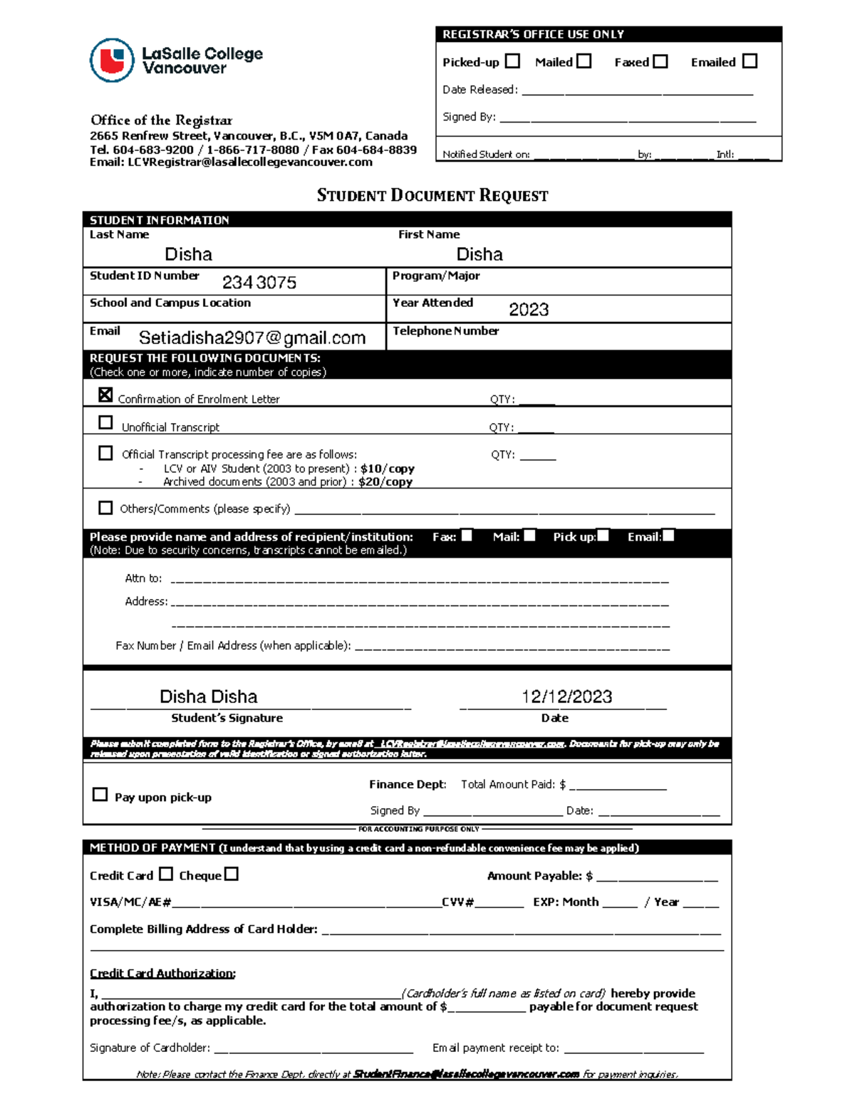 Document Request FORM - Fillable - Office of the Registrar 2665 Renfrew ...