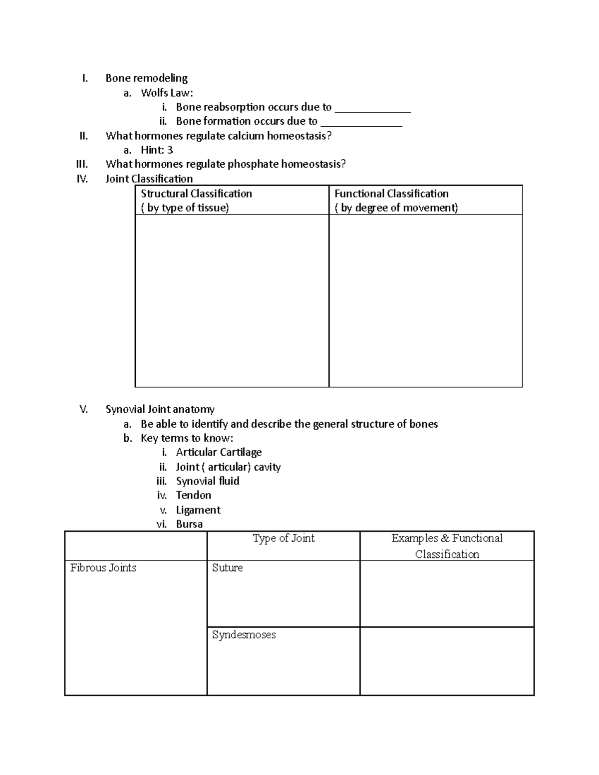 Joints worksheet - I. Bone remodeling a. Wolfs Law: i. Bone ...