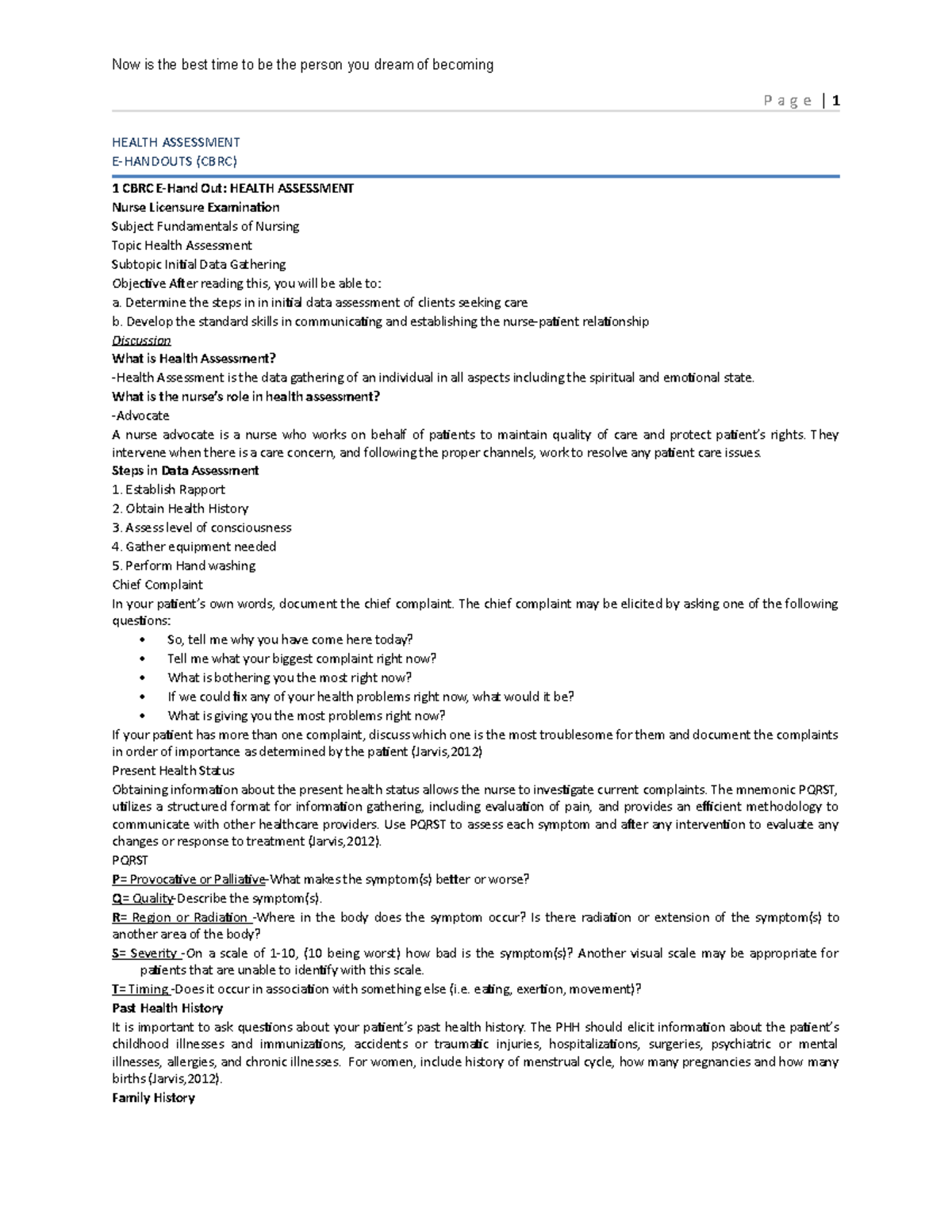 Health Assessment Notes - P a g e | 1 HEALTH ASSESSMENT E-HANDOUTS ...