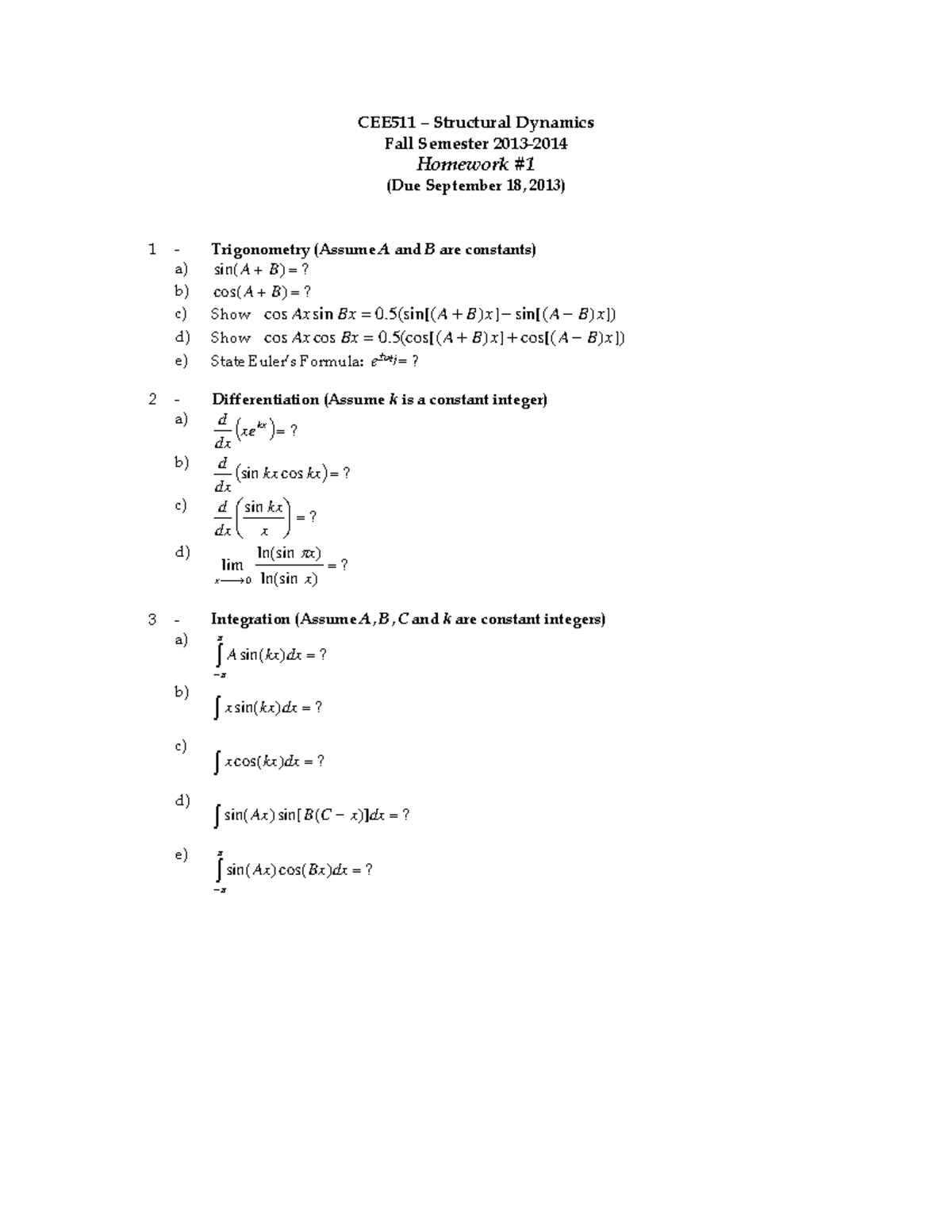 Homework 1 CEE511 Structural Dynamics 2013 2014 - CEE511 Structural ...