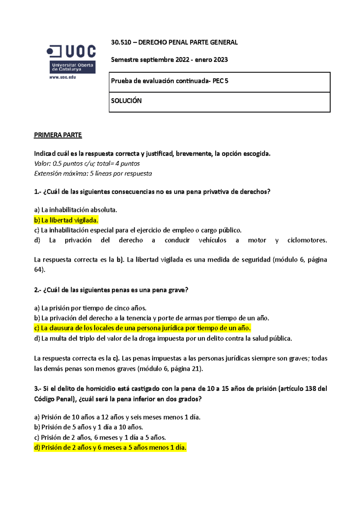 30510 PEC 5 2022 Solución castellano - 30 – DERECHO PENAL PARTE GENERAL Semestre septiembre 2022 ...