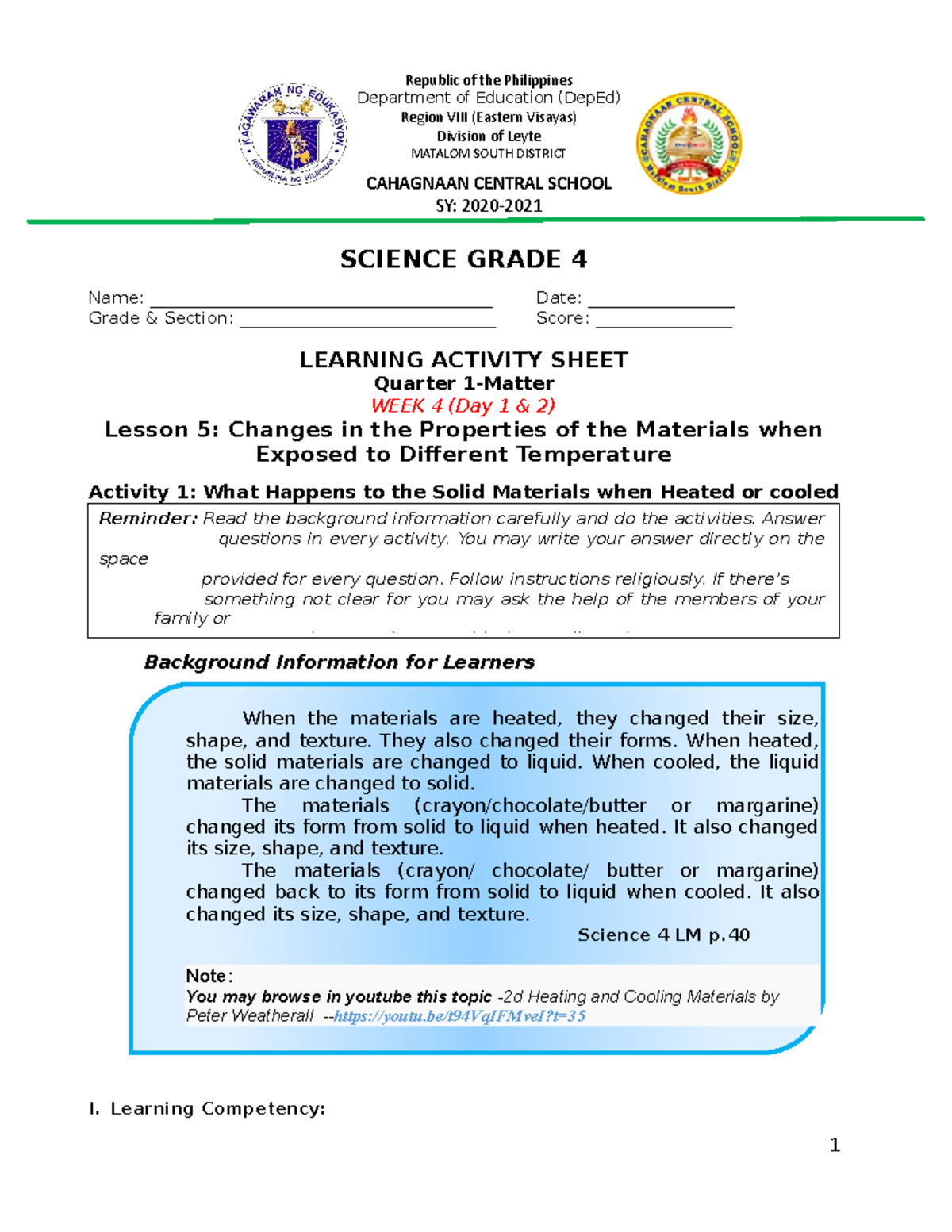 Teacher-made Science 4 Q1-week 4 Activity sheets with answer key ...