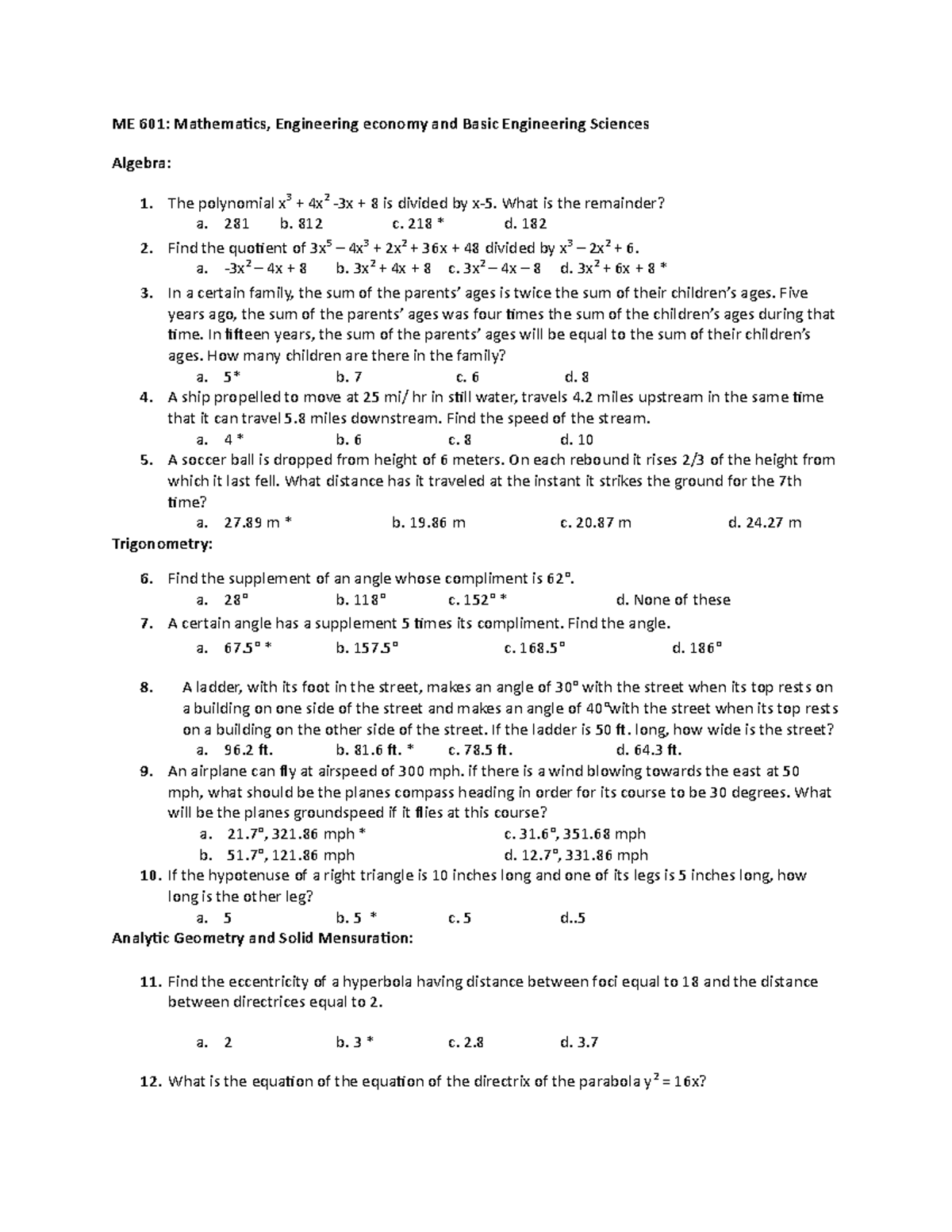 ME 601 Proficiency Test - ME 601: Mathematics, Engineering economy and ...