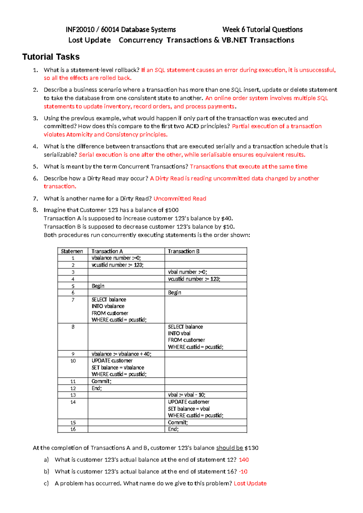 INF2001 0-Tut6-103175969 - INF20010 / 60014 Database Systems Week 6 Tutorial Questions Lost ...