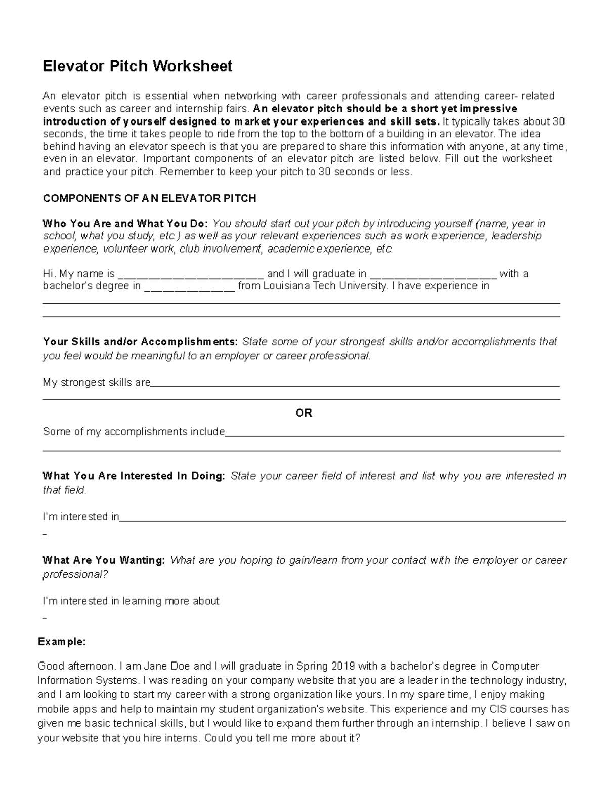 Elevator Pitch Worksheet - An elevator pitch should be a short yet ...