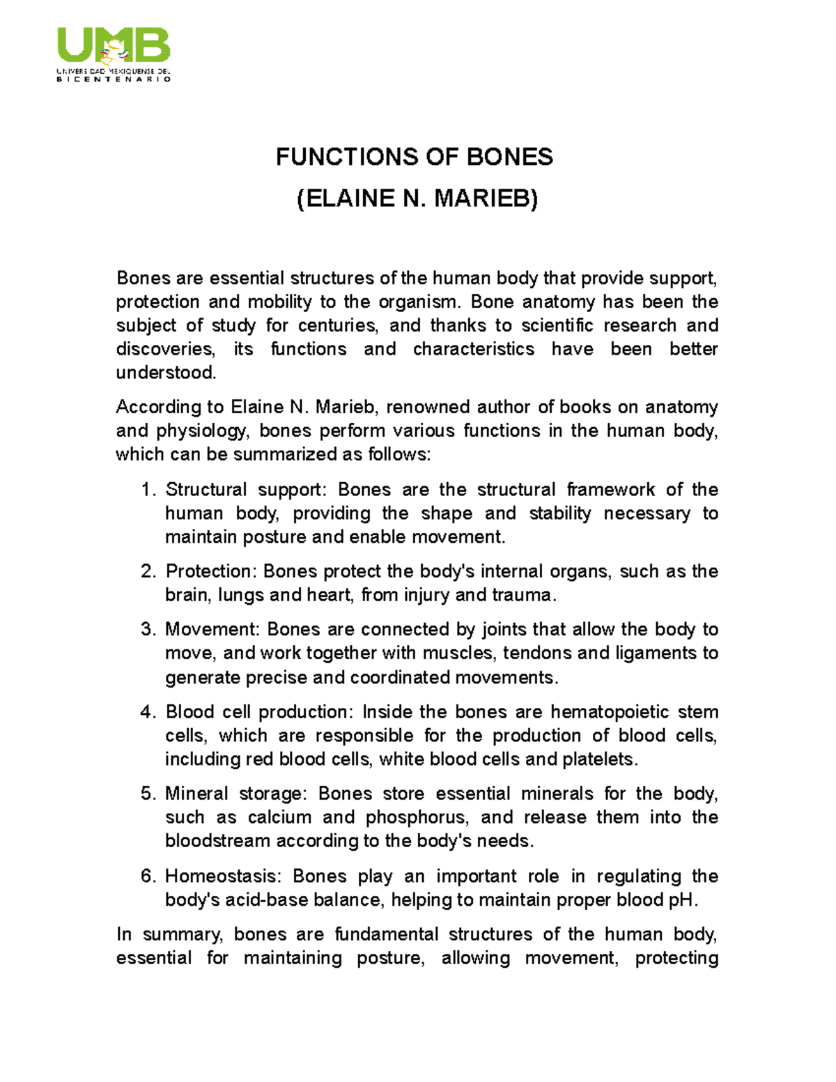 Bone functions - Elaine N. Marieb - FUNCTIONS OF BONES (ELAINE N ...
