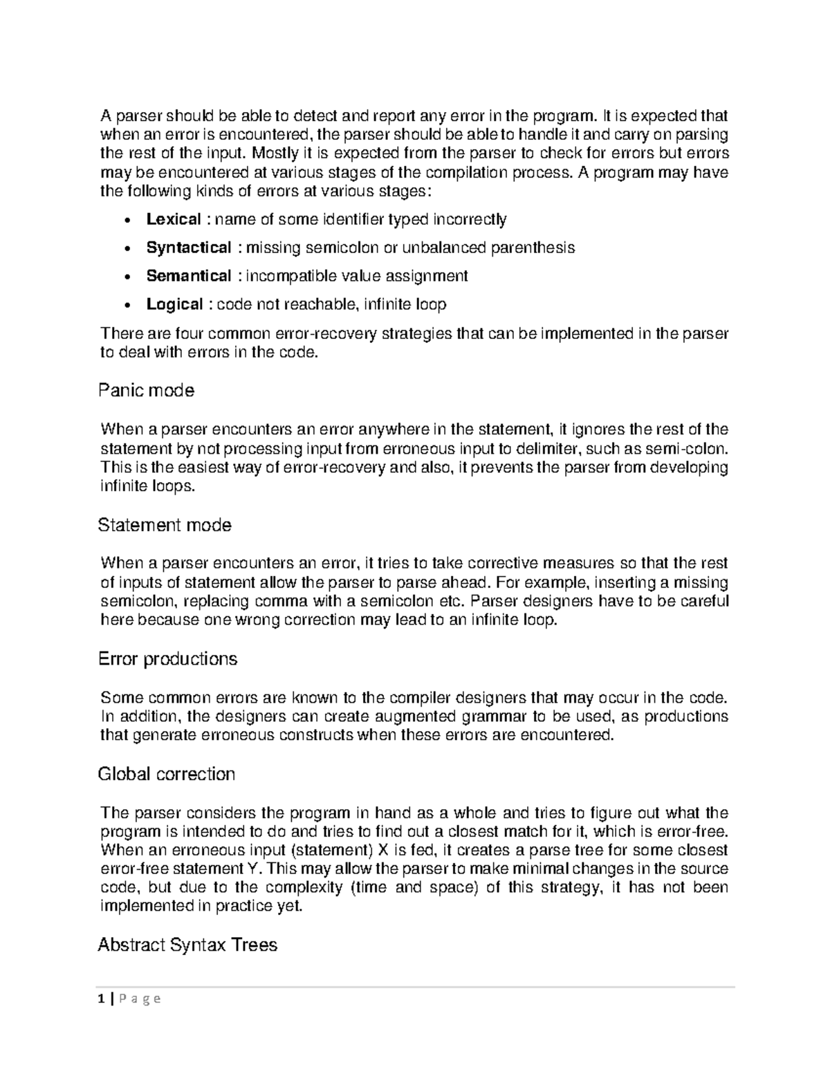 Error Recovery Notes 1 P A G E A Parser Should Be Able To Detect And Report Any Error In