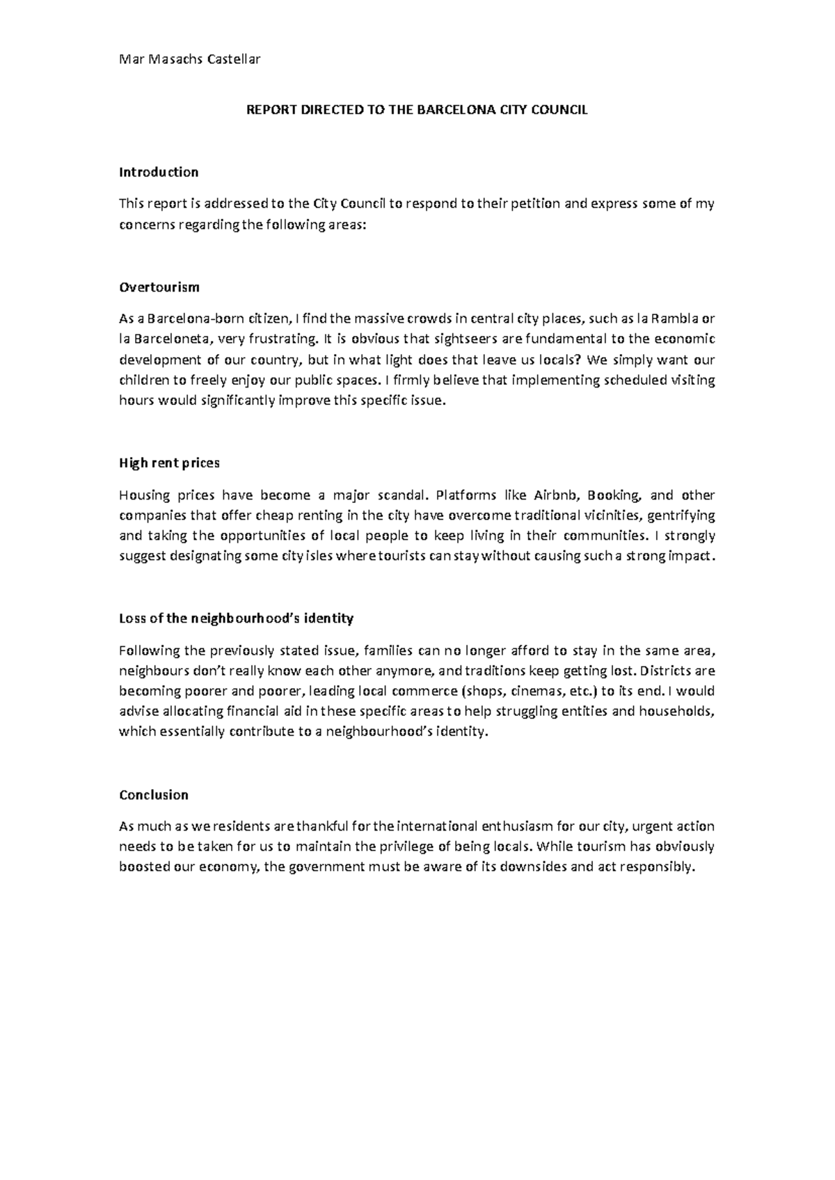 Report writing practice - Mar Masachs Castellar REPORT DIRECTED TO THE ...