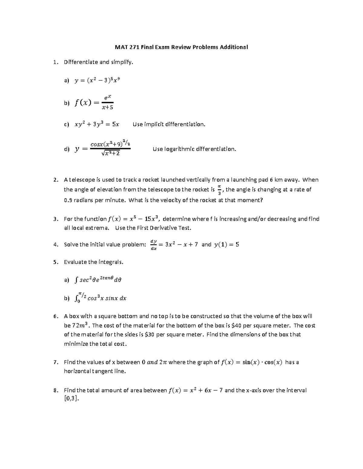 MAT 271 Final Exam Review Problems Addtional Problems - MAT 271 Final Exam Review Problems - Studocu