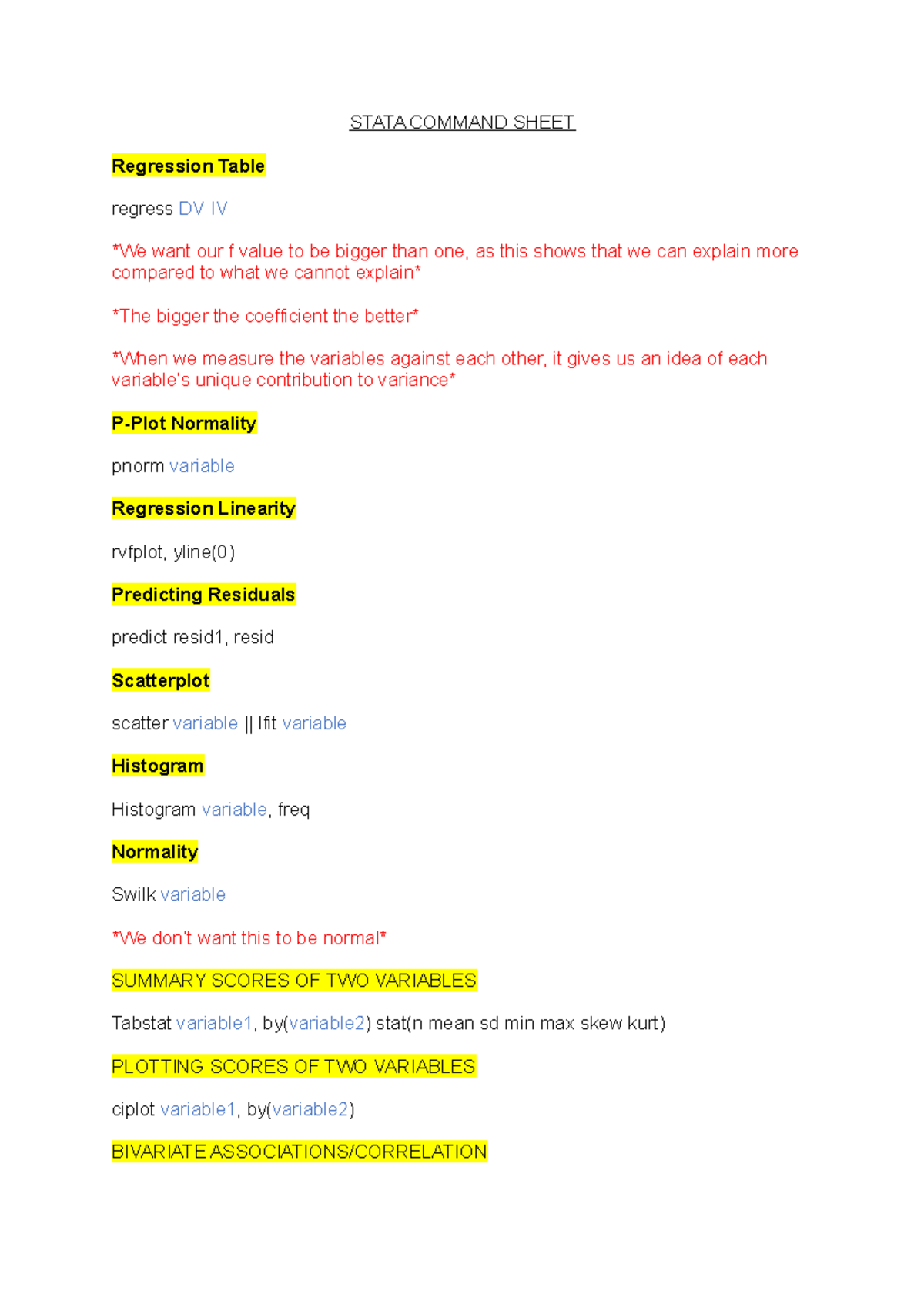 Stata Command Sheet for Exams - STATA COMMAND SHEET Regression Table ...