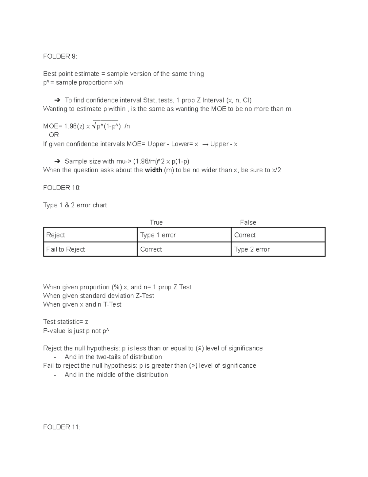 Statistics Final Exam pg2 - FOLDER 9: Best point estimate = sample ...