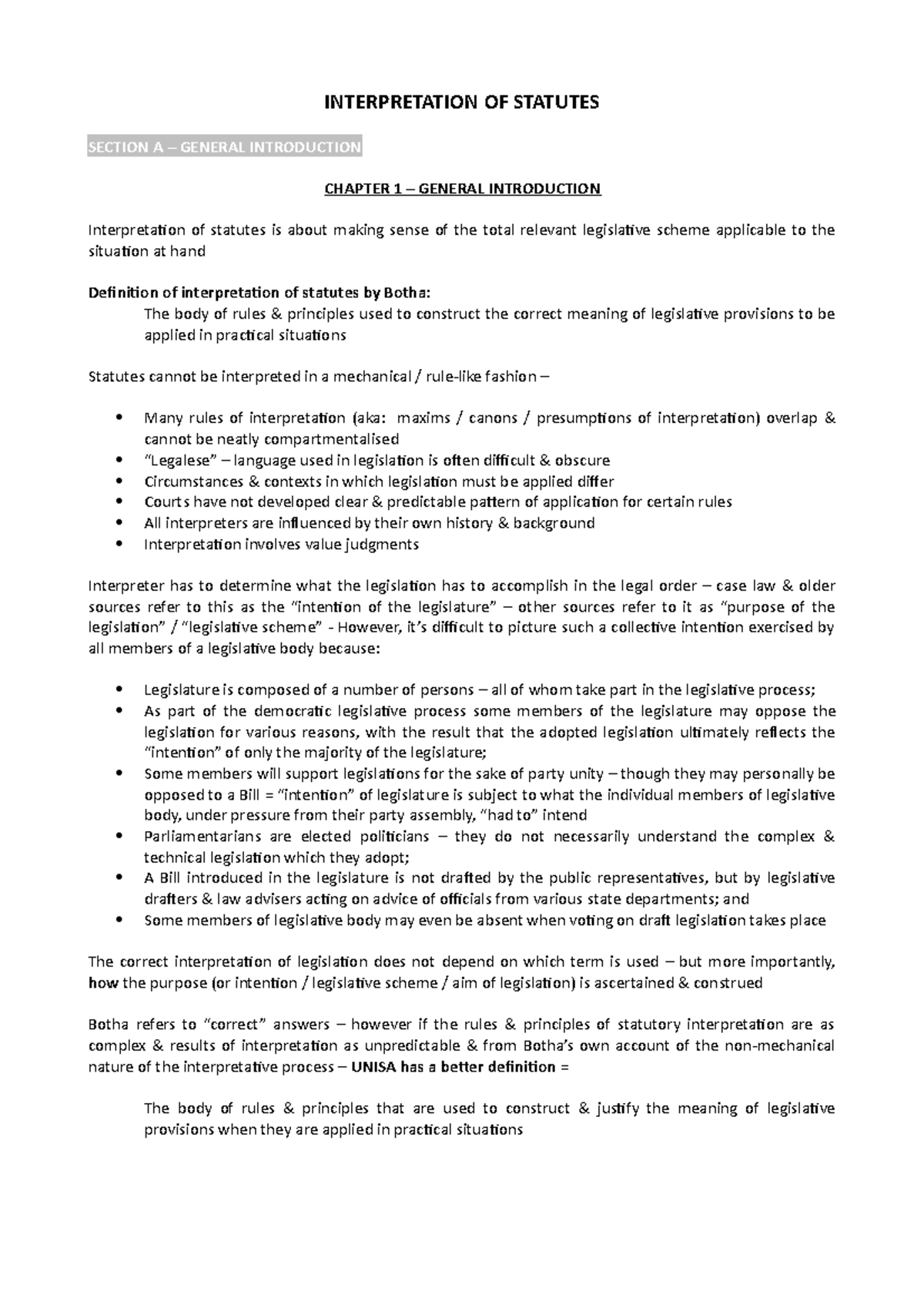 IOS2601- summary notes - INTERPRETATION OF STATUTES SECTION A GENERAL ...
