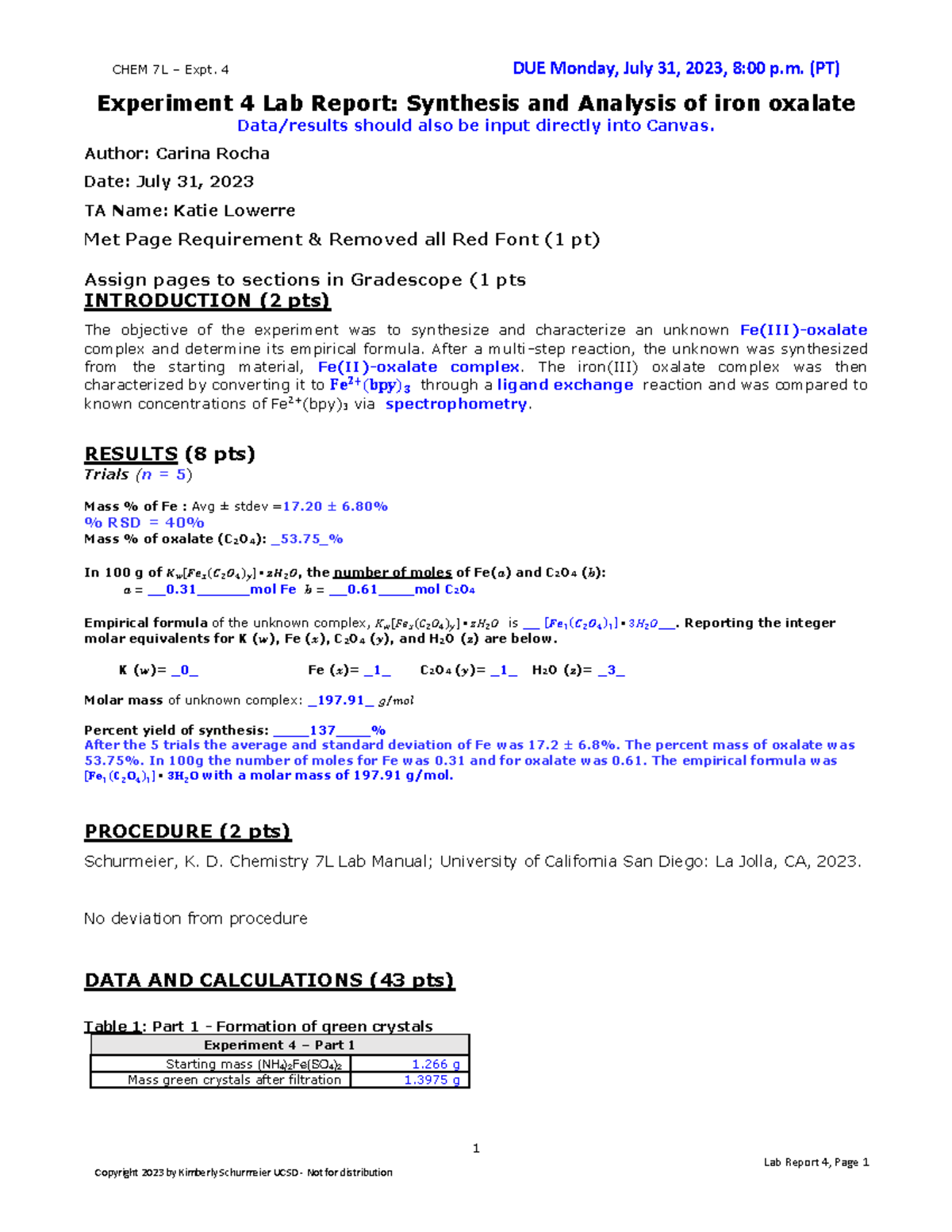 Expt4 Carina Rocha Synthesis and Analysis of Iron Oxalate - 1 Lab ...