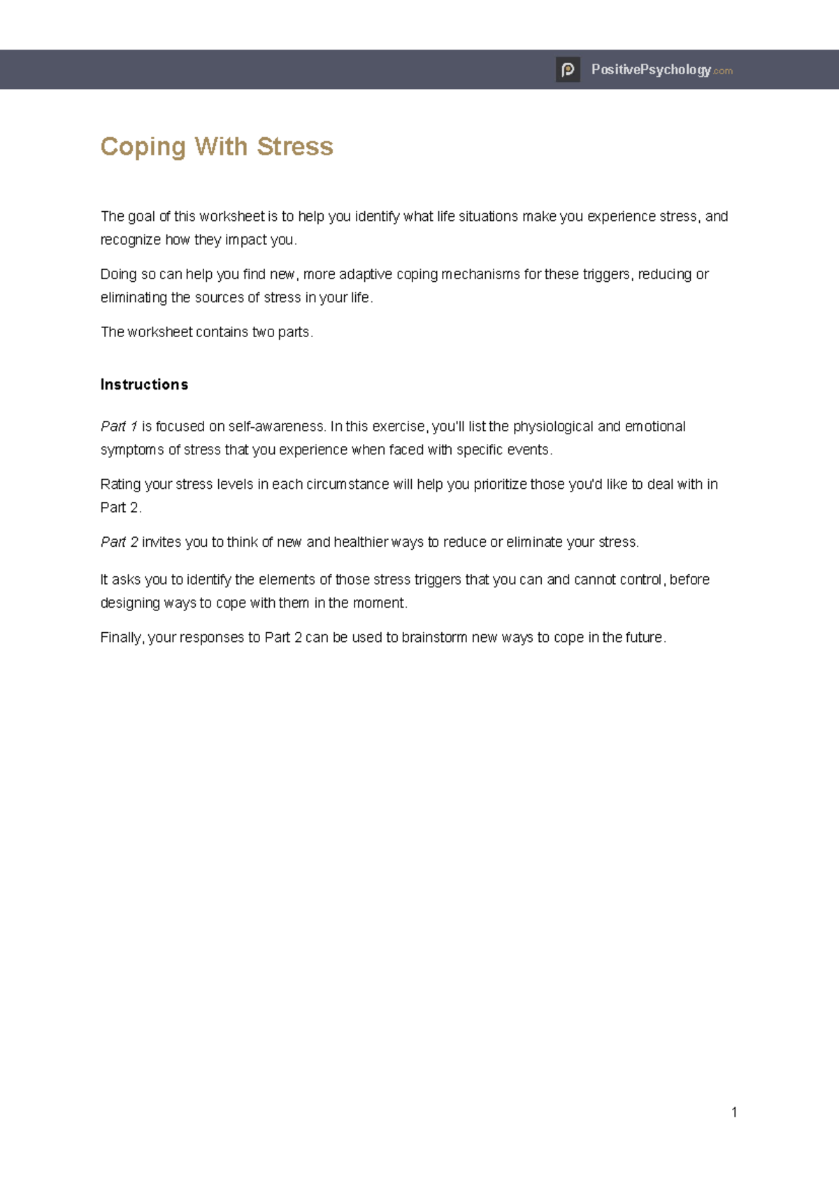 Coping With Stress - Coping With Stress The goal of this worksheet is ...