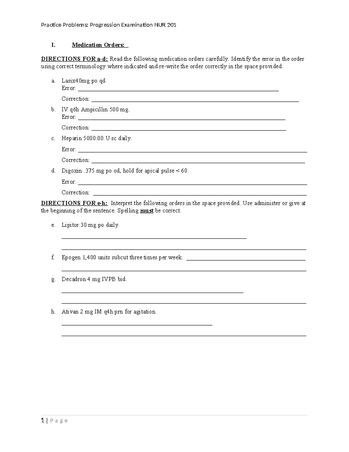 Practice Problems. pharm - I. Medication Orders: DIRECTIONS FOR a-d ...