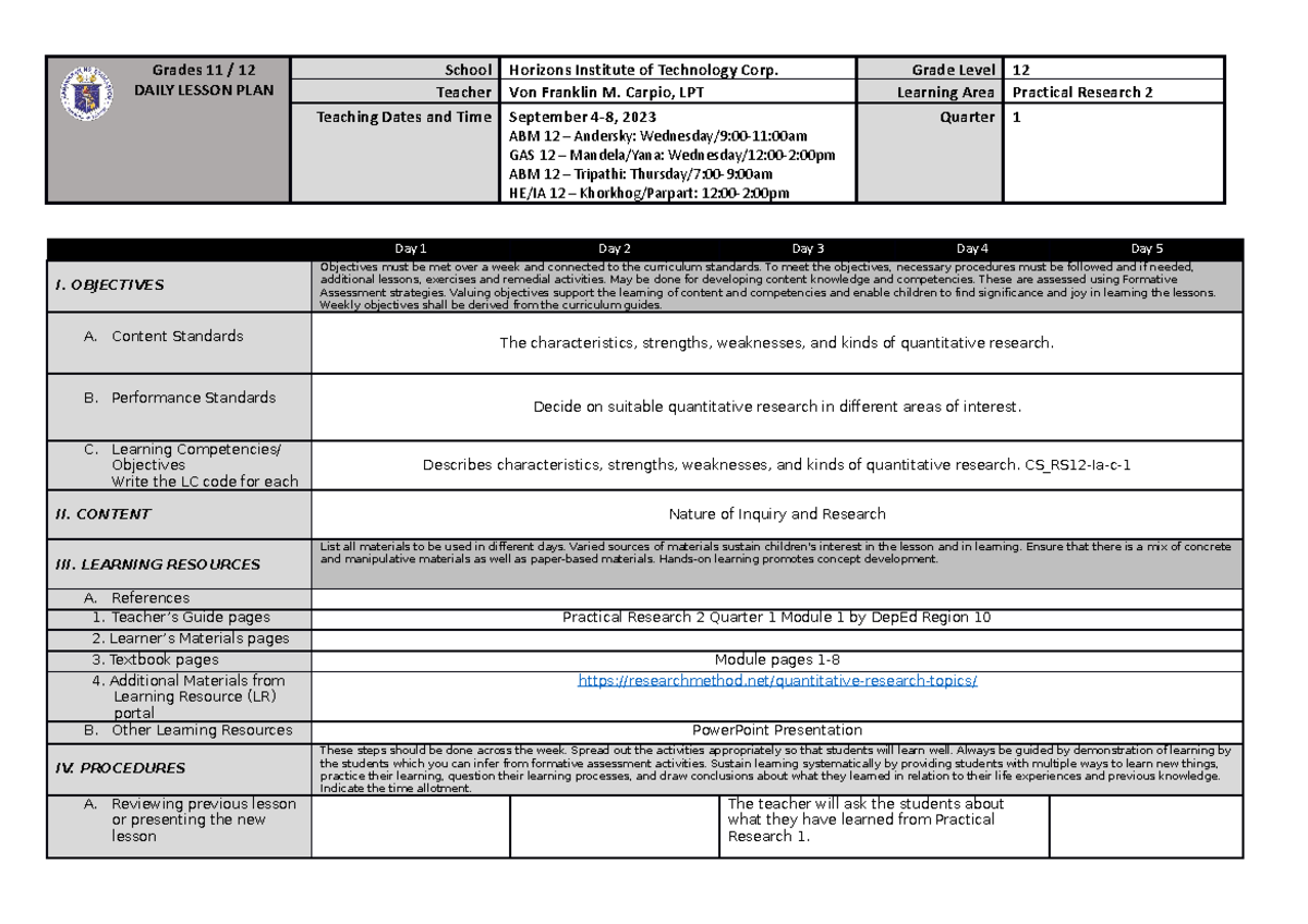 PR2 WEEK 1 - Nature OF Inquiry - Grades 11 / 12 DAILY LESSON PLAN ...