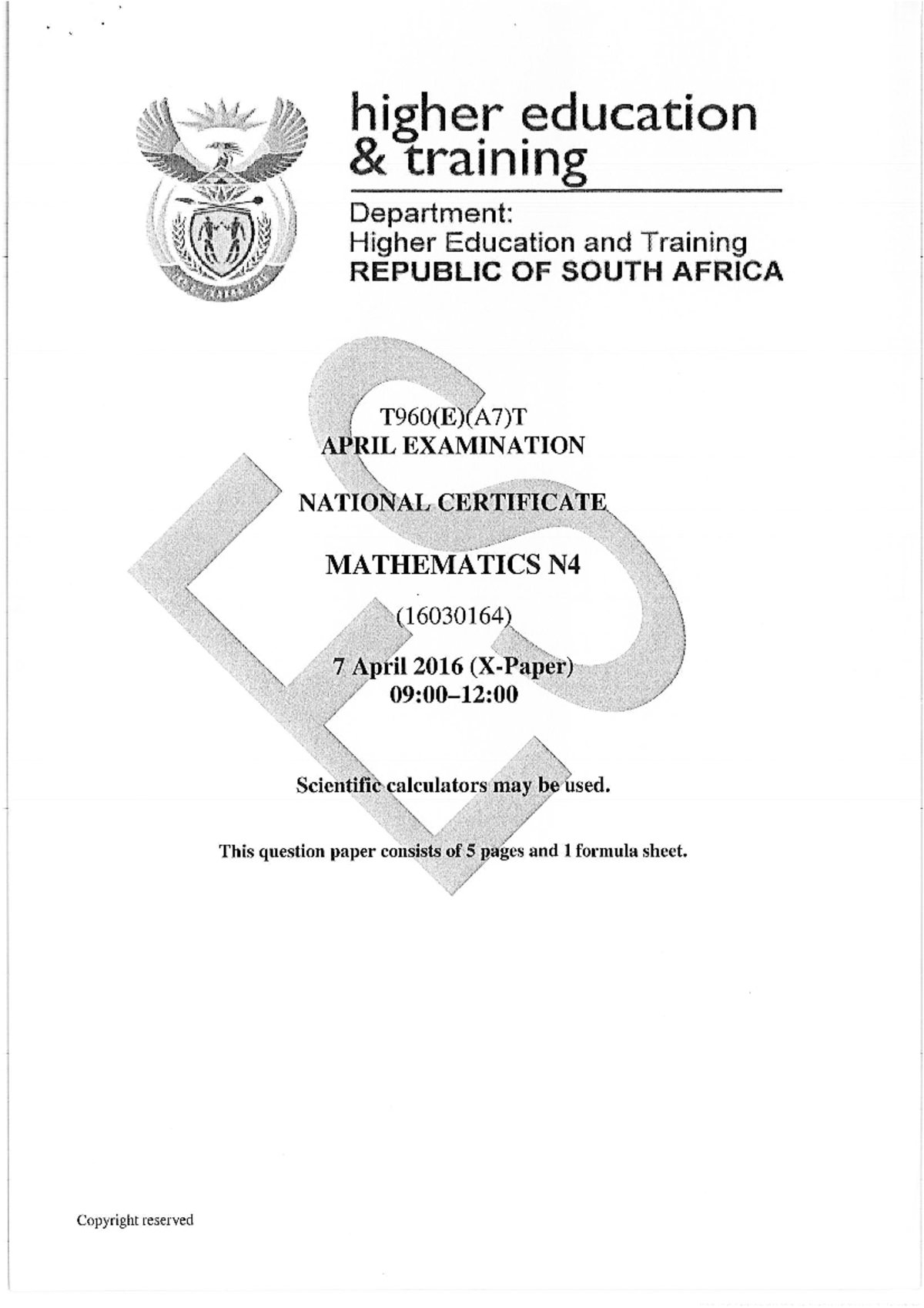 Download Mathematics N4 - 7 April 2016 Examination Question Paper ...