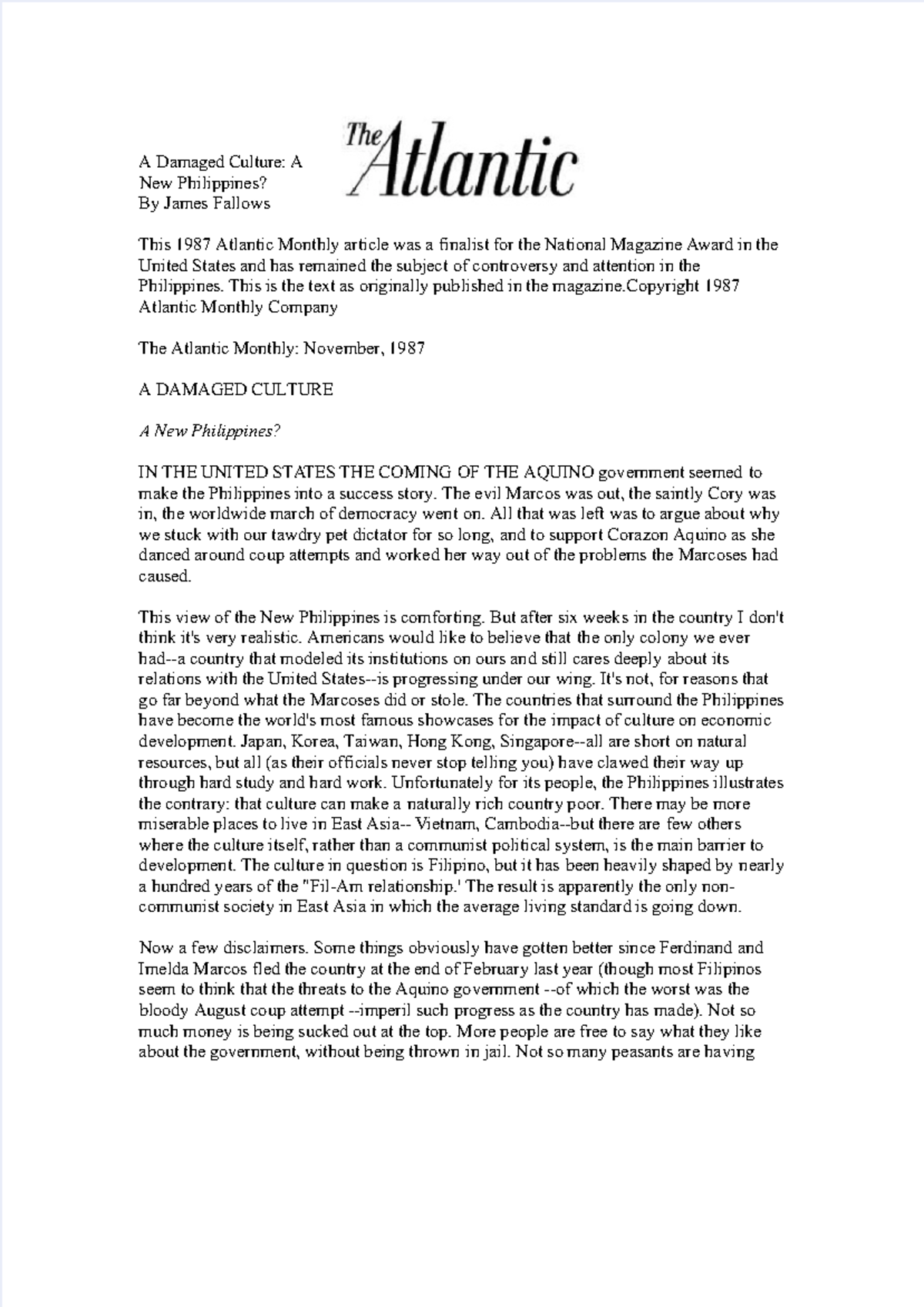 Damaged culture james fallows - A Damaged Culture: A New Philippines ...