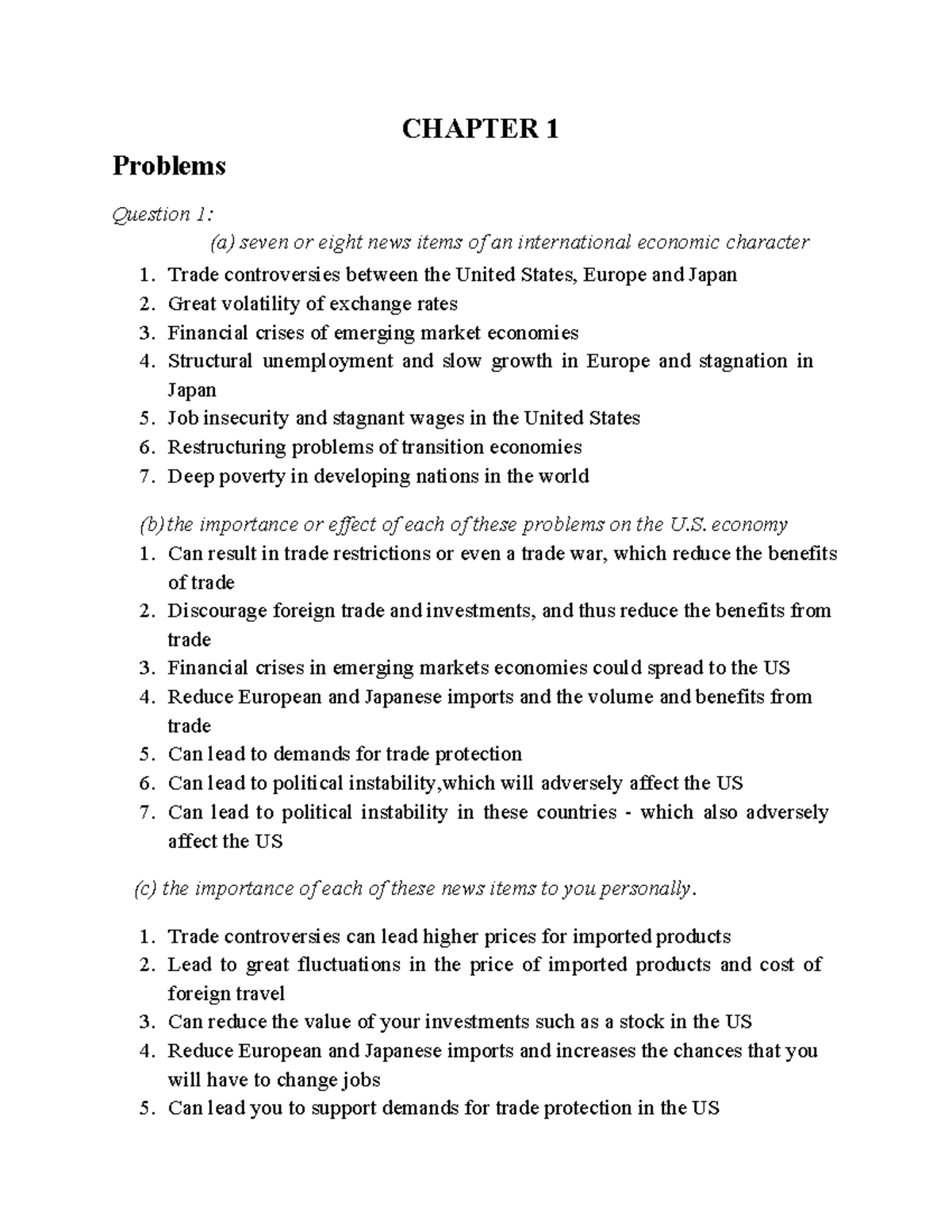 International Economics Homework - CHAPTER 1 Problems Question 1: (a ...