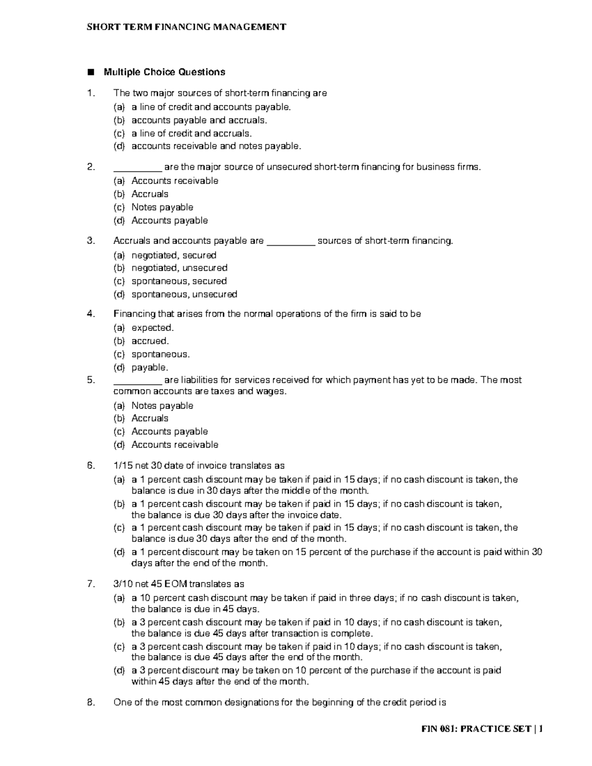 Practice Set Short term Financial Management Students Copy - Multiple ...