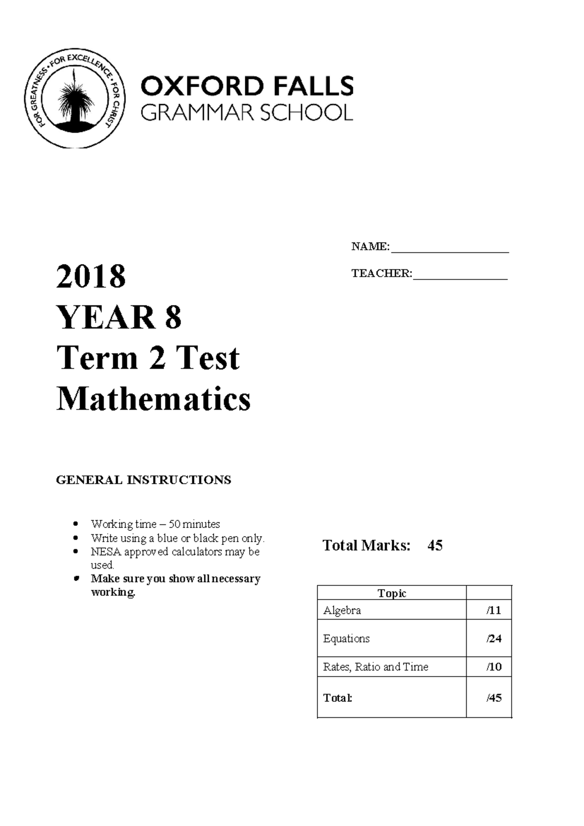 YEAR 8 TASK 2 2018 - 2018 YEAR 8 Term 2 Test Mathematics GENERAL ...