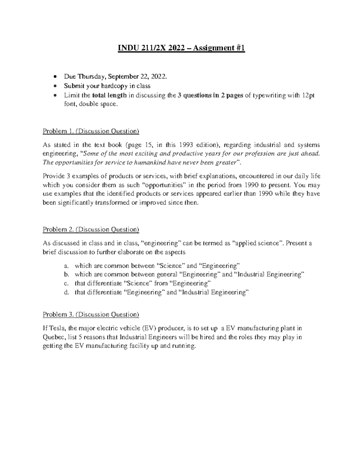 2022-Assignment 1 - Concordia University - INDU 211/2X 2022 – Assignment Due Thursday, September ...