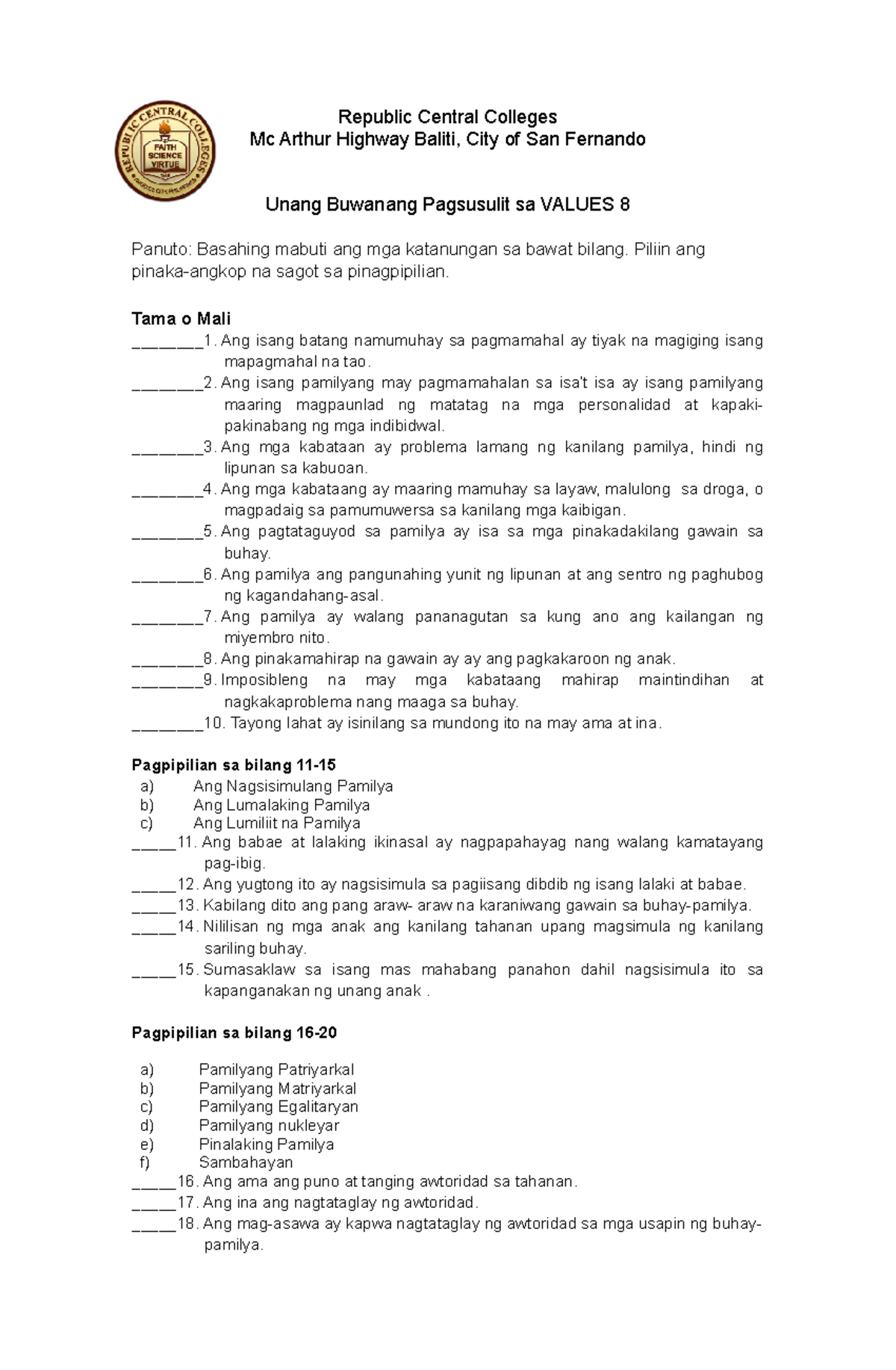 1st-Monthly-Exam-in- Values 8 - Republic Central Colleges Mc Arthur ...
