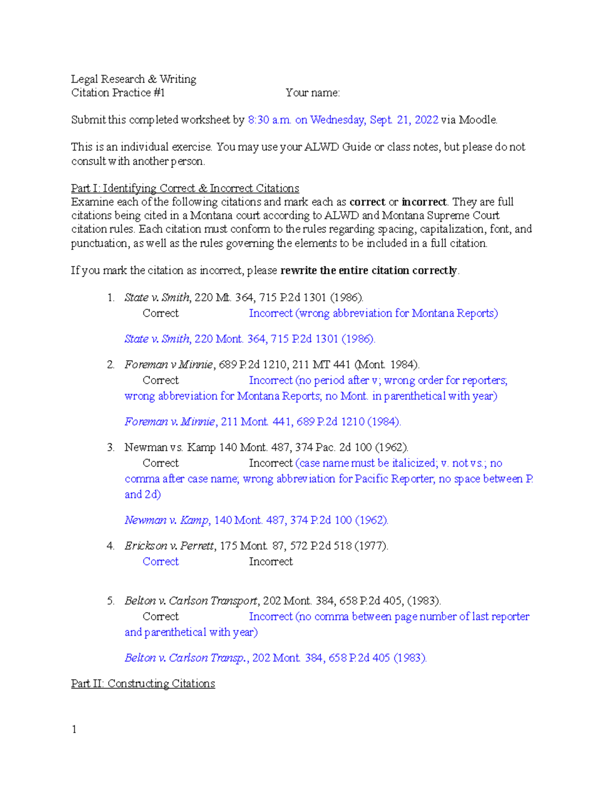 Citation Practice #1 due 092122 Answer Key - Legal Research & Writing ...
