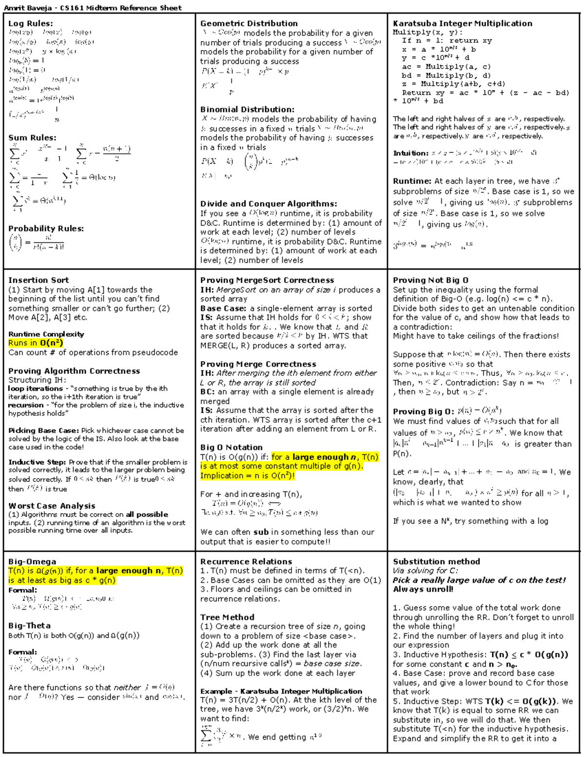 Midterm Reference Sheet - Runtime is determined by: (1) amount of work at each level; (2) number ...
